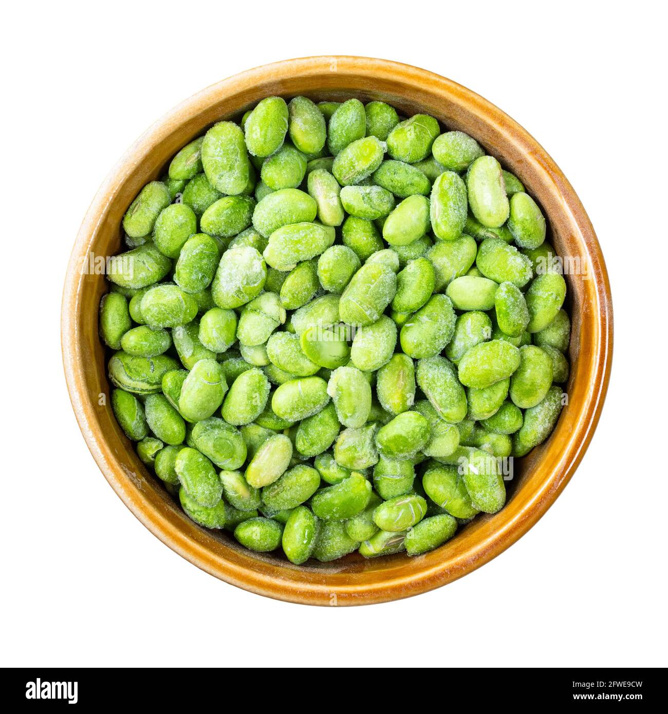 top view of frozen Edamame (immature soybeans) in round bowl cutout on ...