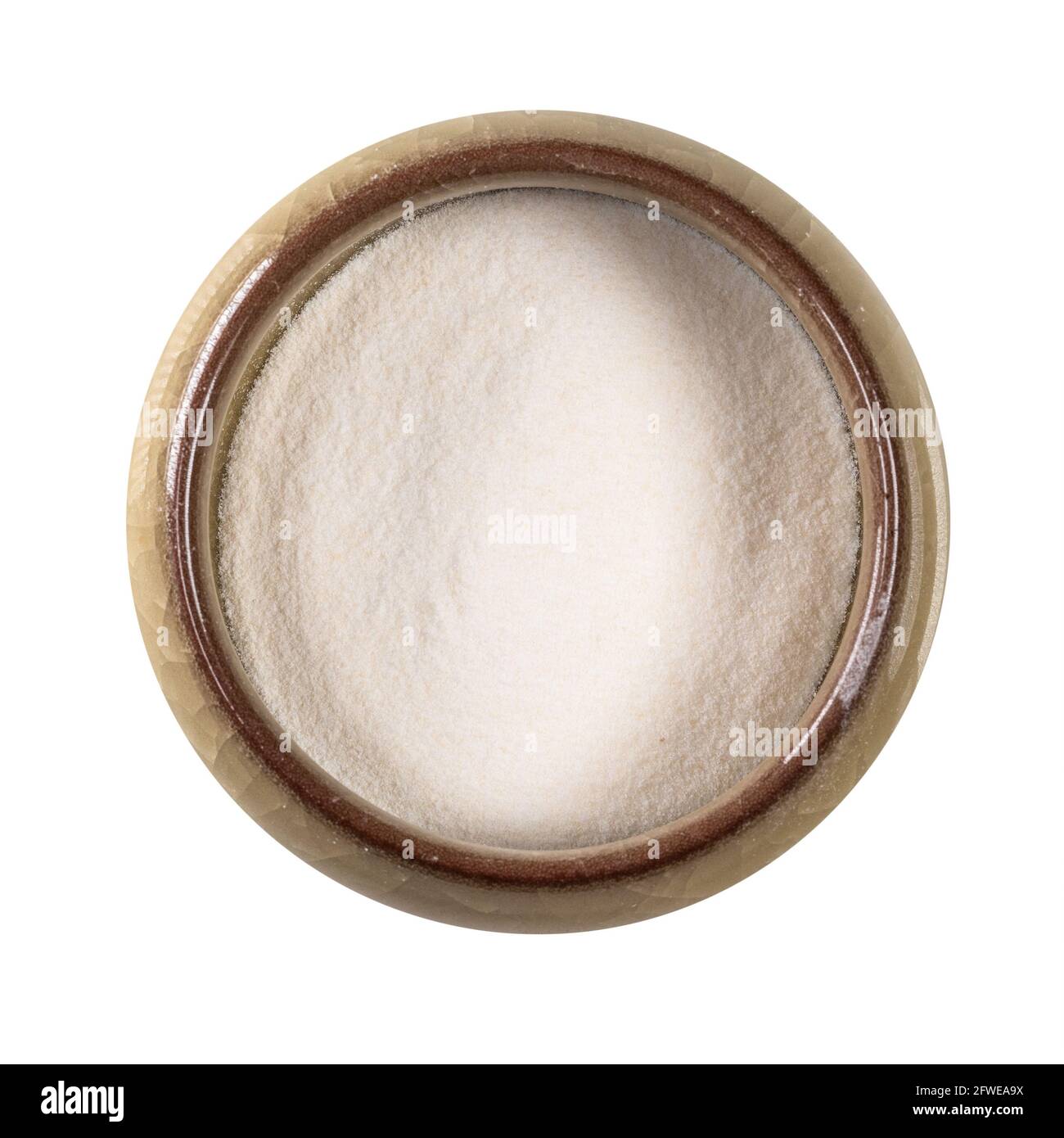 top view of Agar powder in round ceramic bowl cutout on white ...