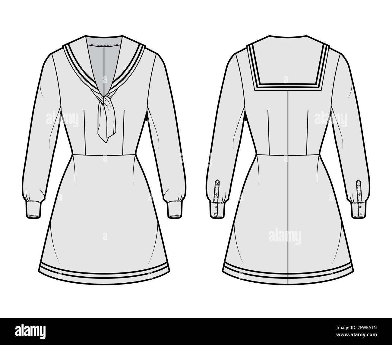 Dress sailor technical fashion illustration with long sleeve with cuff ...