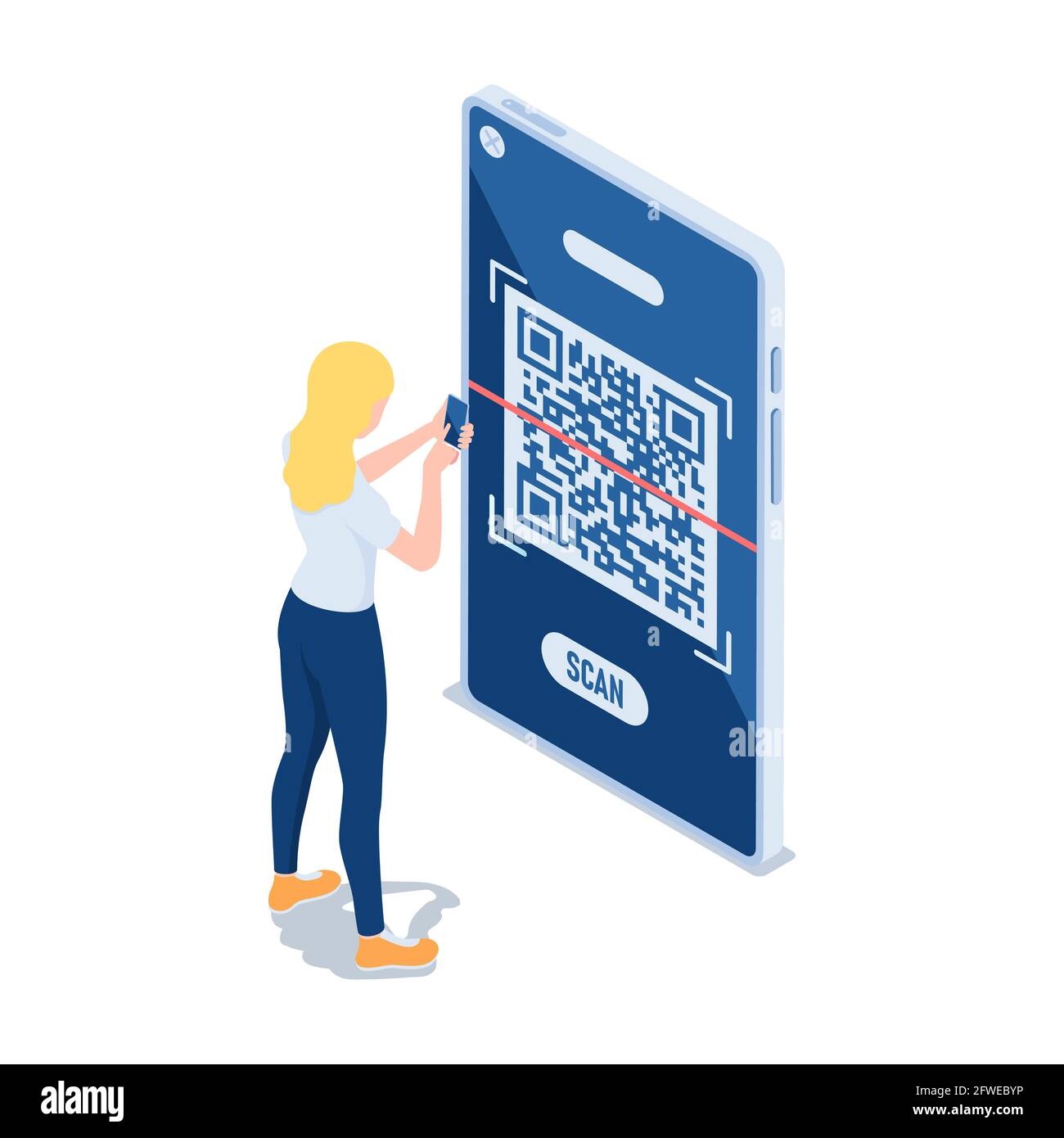 Flat 3d Isometric Woman Use Smartphone Scanning Qr Code Qr Code Verification Technology Concept