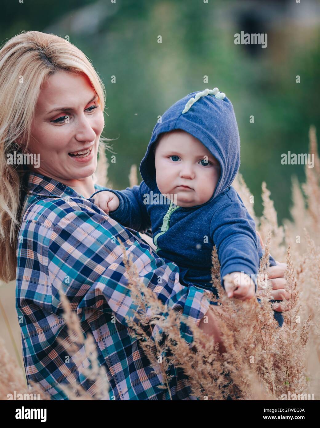 A young mother walks with her baby in a field with tall grass. Mom ...