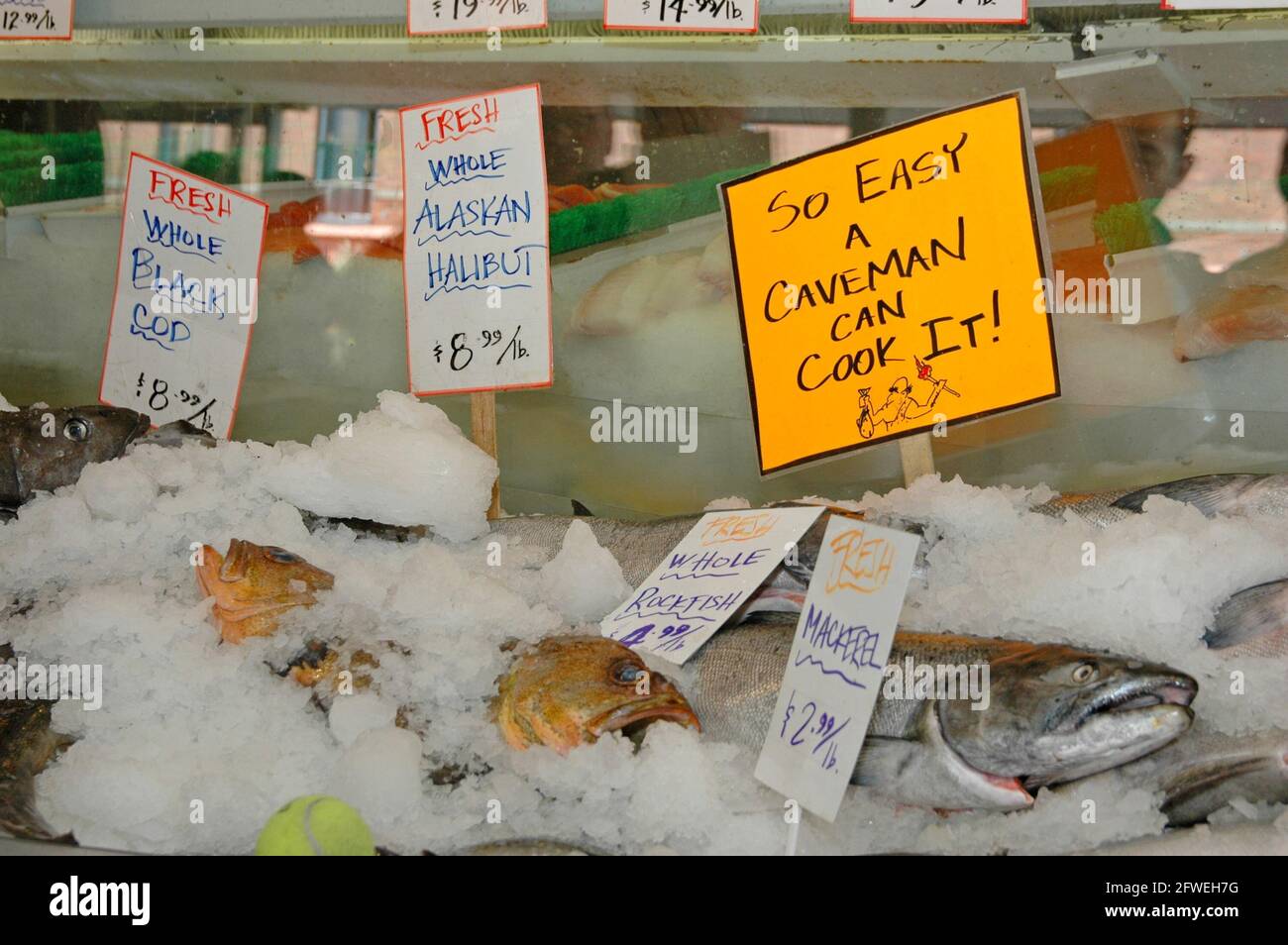Fish packed in ice on a fish stall at Pike Place Market, Seattle, USA ...
