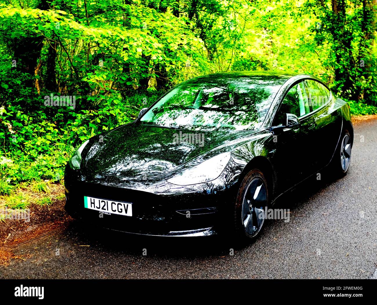 Tesla, Model 3, rural, road, Newtown, Isle of Wight, England, UK Stock ...