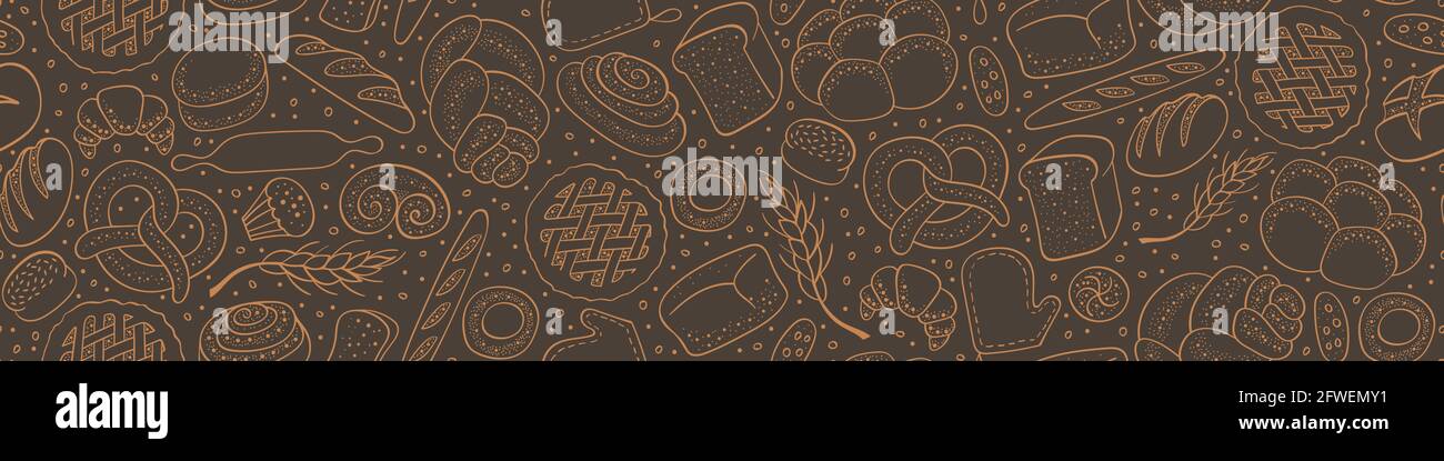 Hand drawn bakery seamless pattern. Horizontal border with food doodles ...
