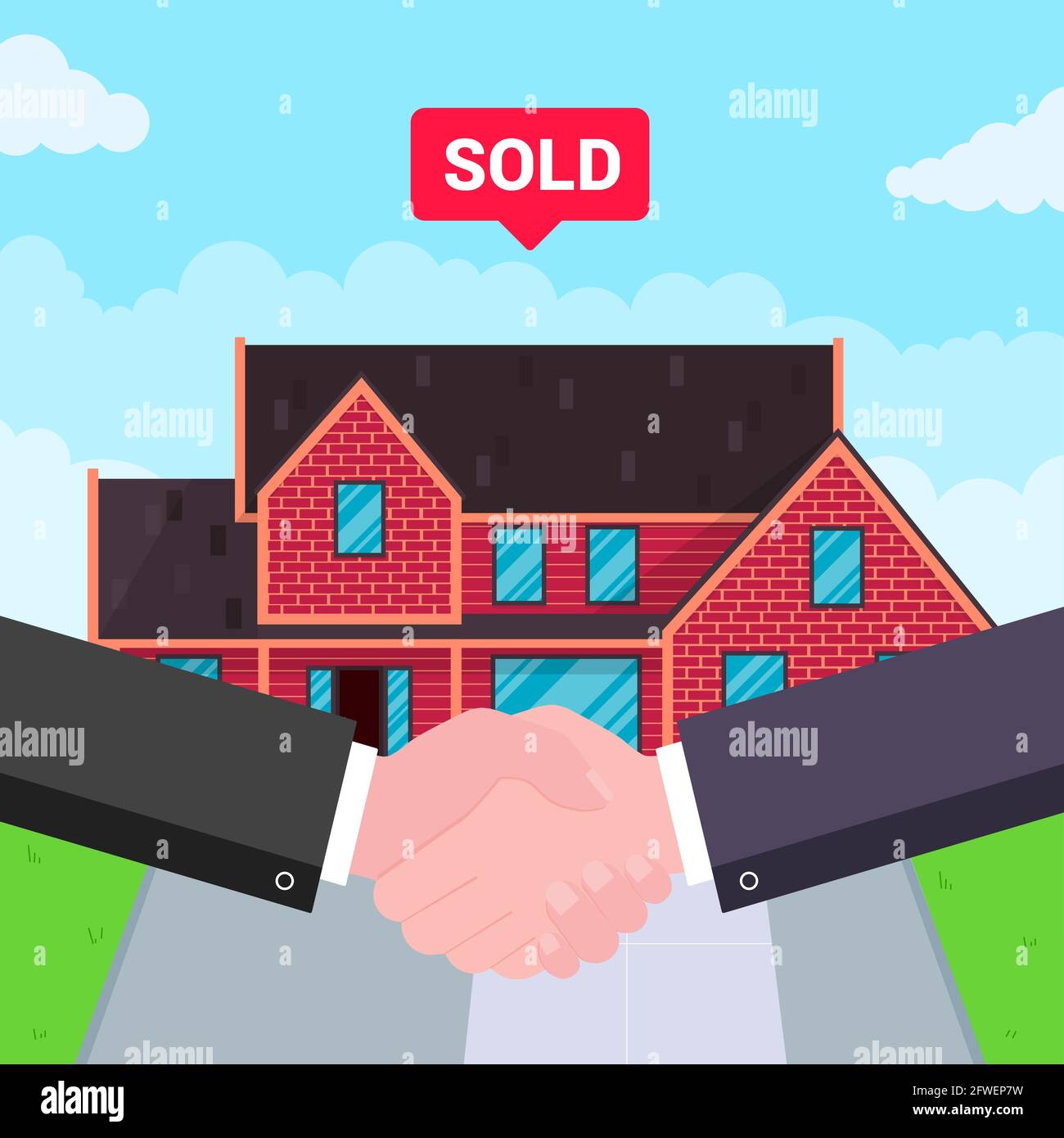 Buying new house on sale. Two hands shaking, big deal agreement flat ...