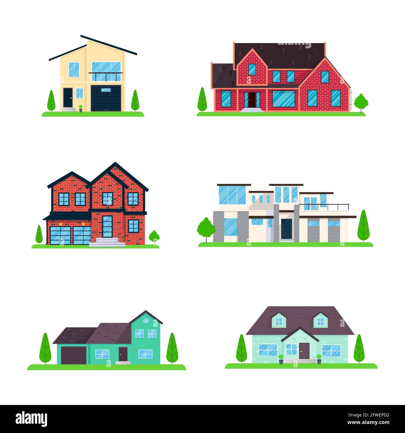 Modern and classic house exterior set flat style design vector ...