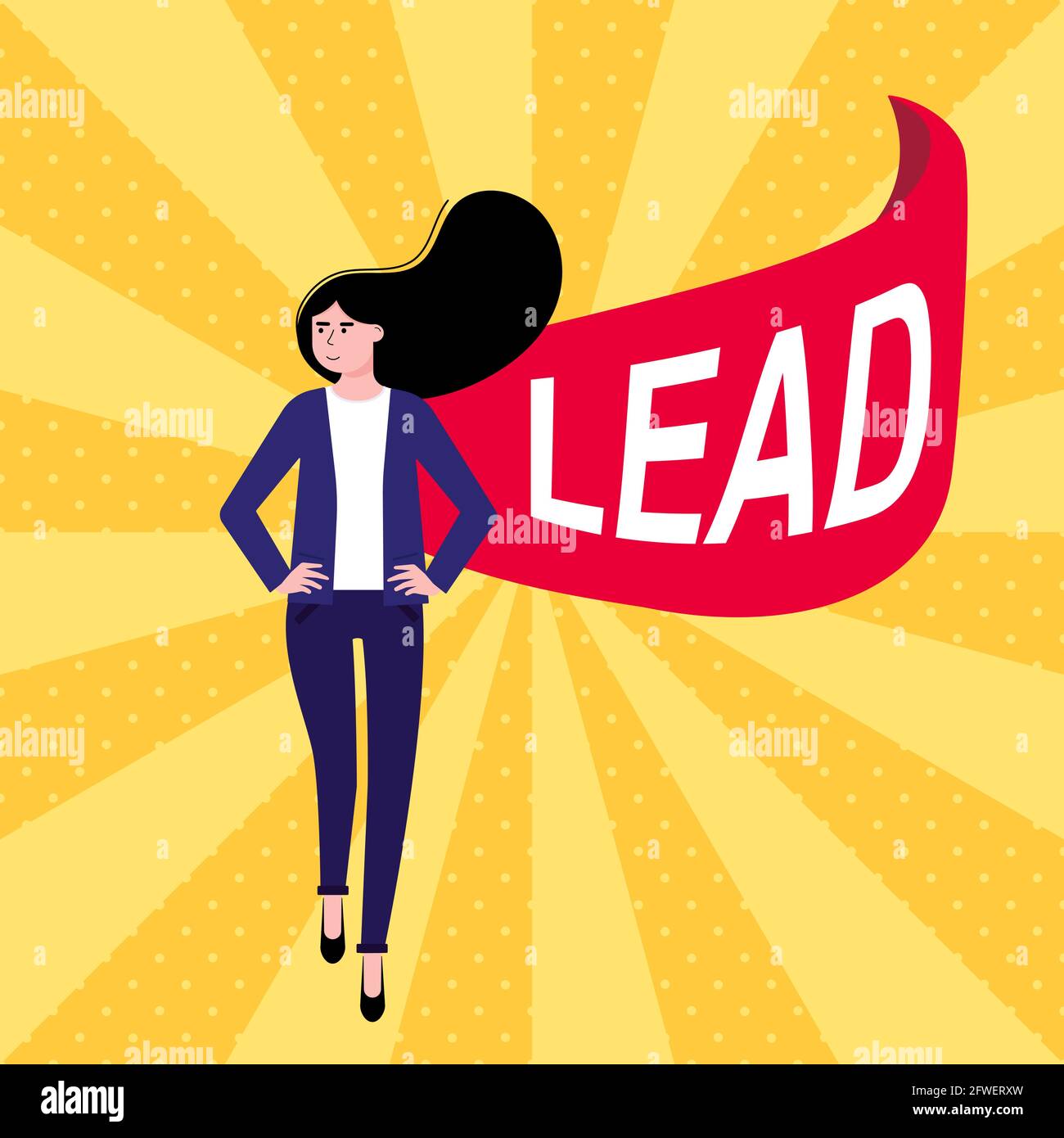 Successful woman, leader, business woman in suit and red cape with LEAD ...