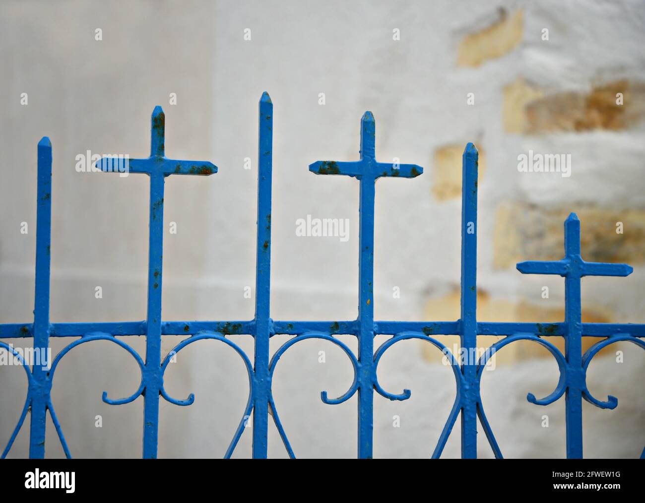 Traditional Greek Orthodox church handcrafted blue iron gate with ...
