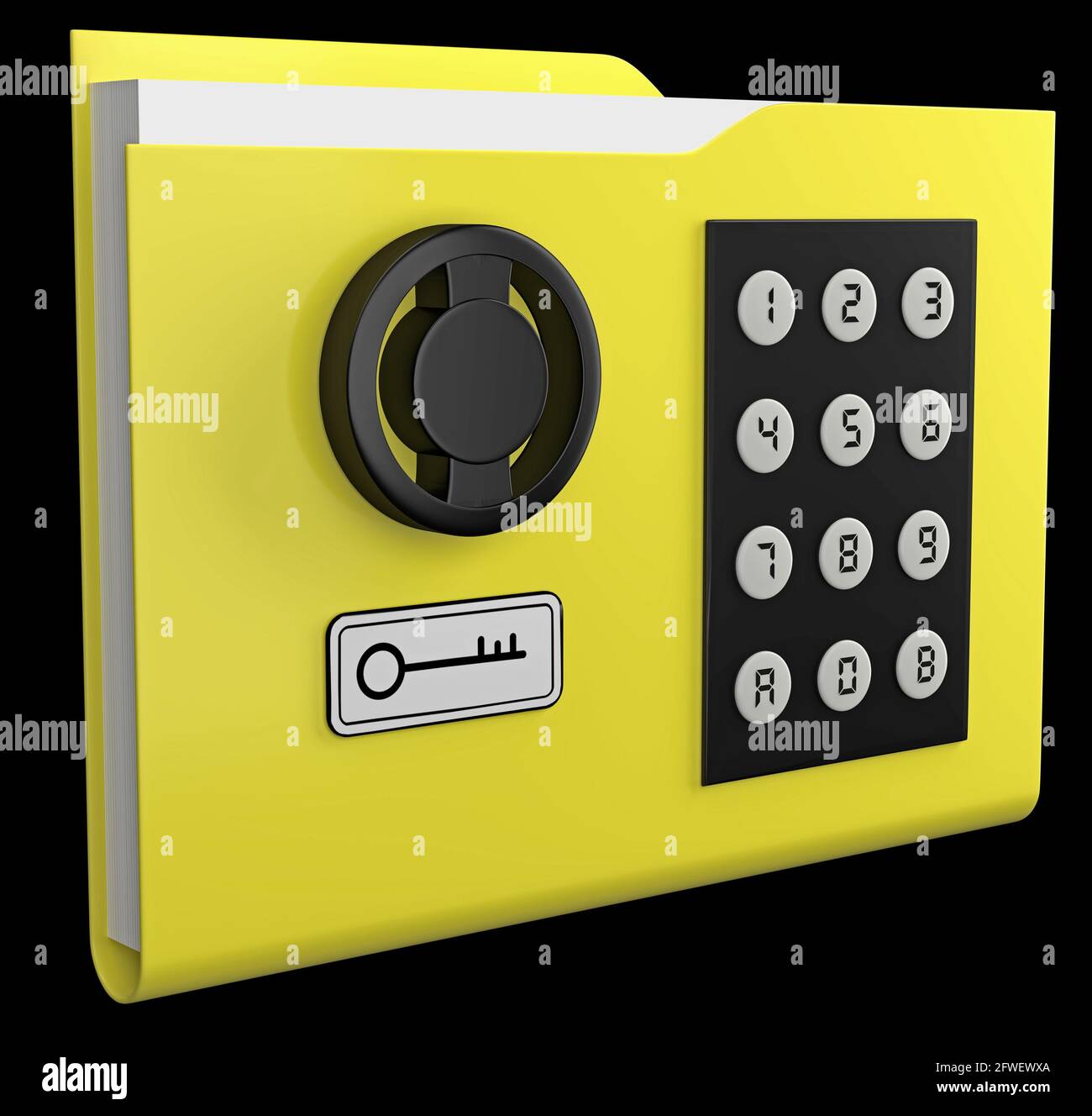 Yellow folder with documents, closed with code safe with black panel of ...