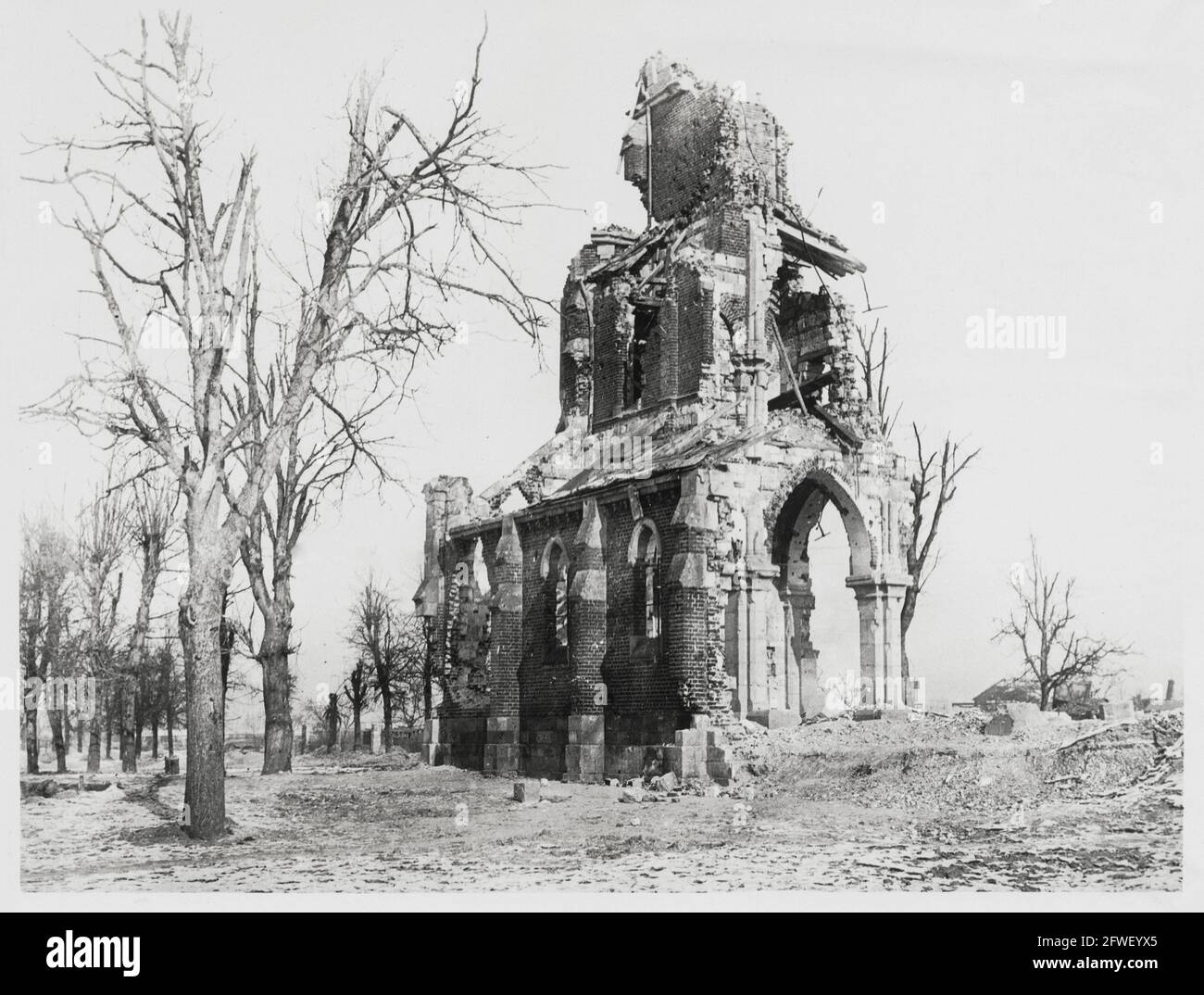 World War One, WWI, Western Front - A church devastated by shell fire ...