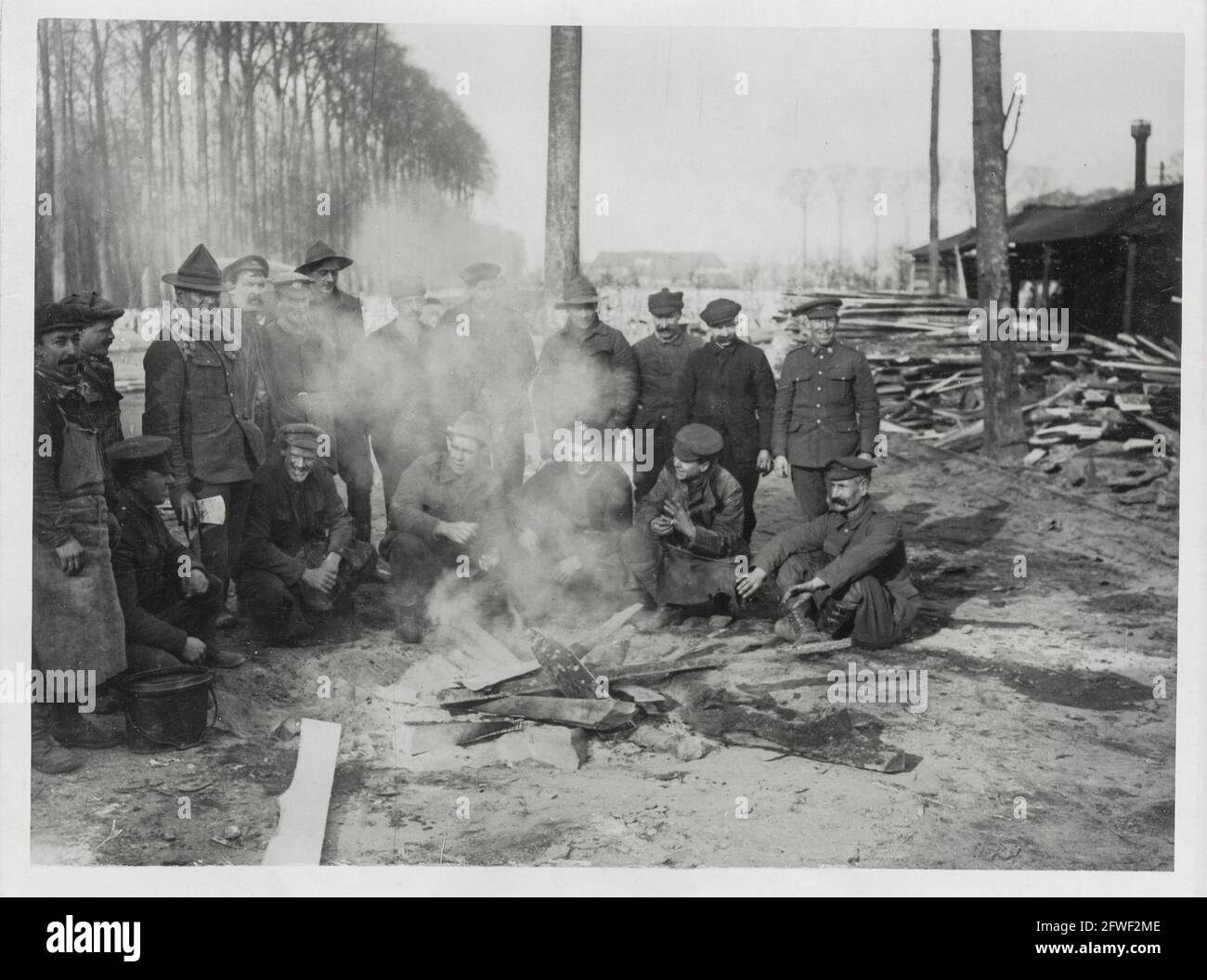 World War One, WWI, Western Front - Lumberjacks around a fire, France ...
