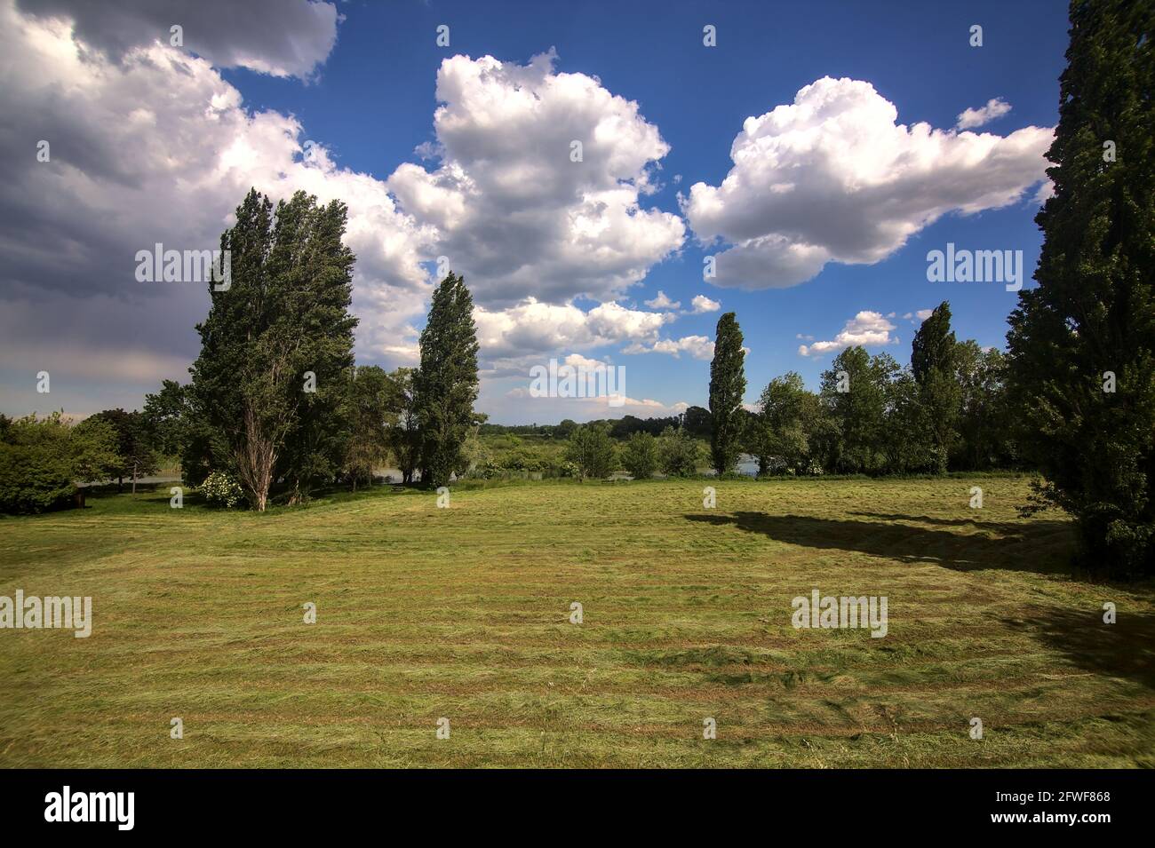 Tiny field with cutted grass next to the shore of a river in the ...