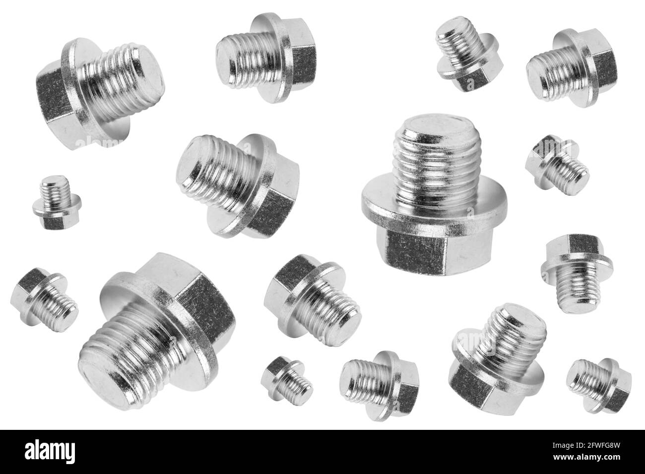 Macro shot metal bolt isolated on white background. Chromed screw bolt ...