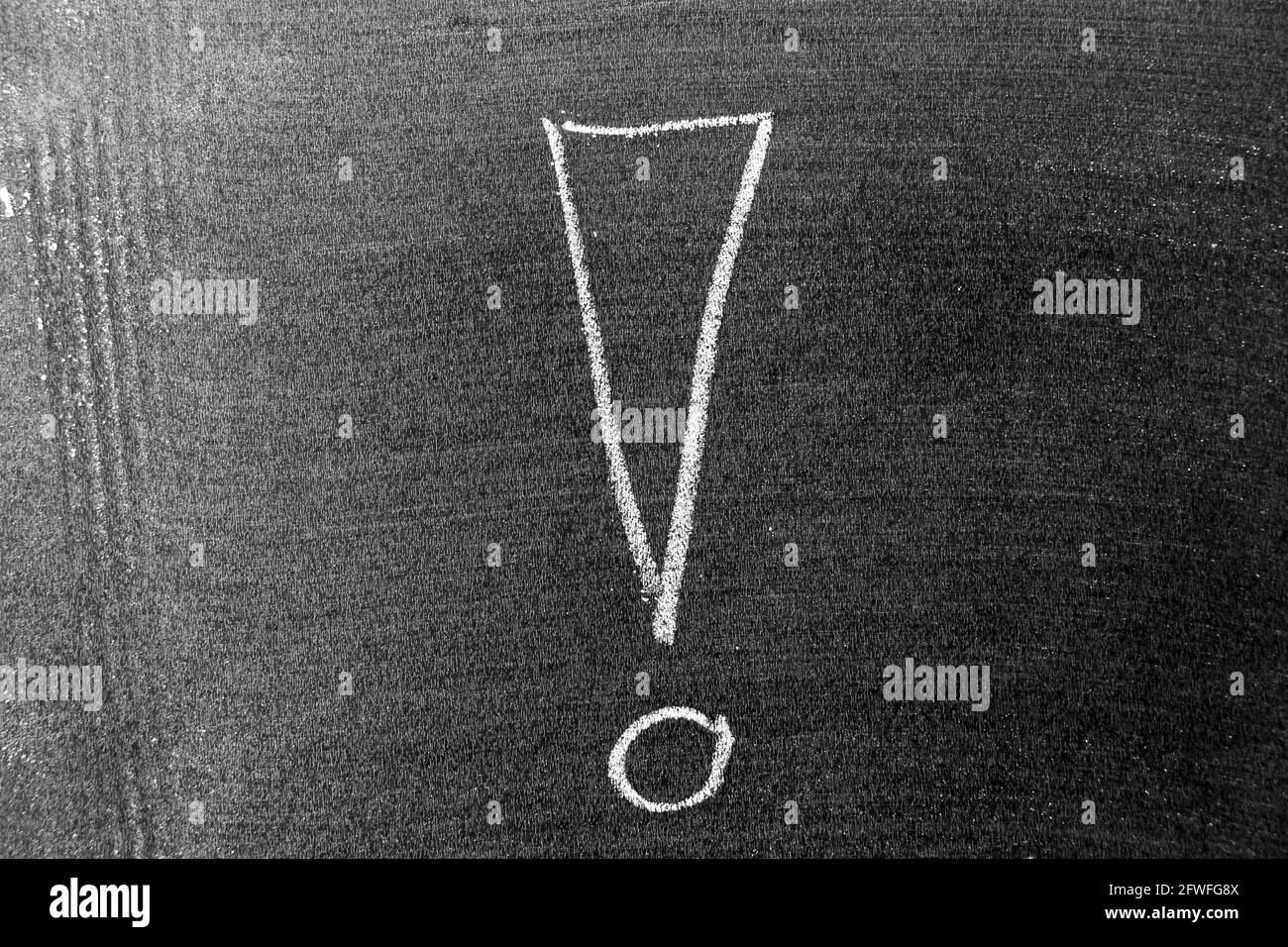 White color chalk hand drawing in exclamation mark with blank space ...