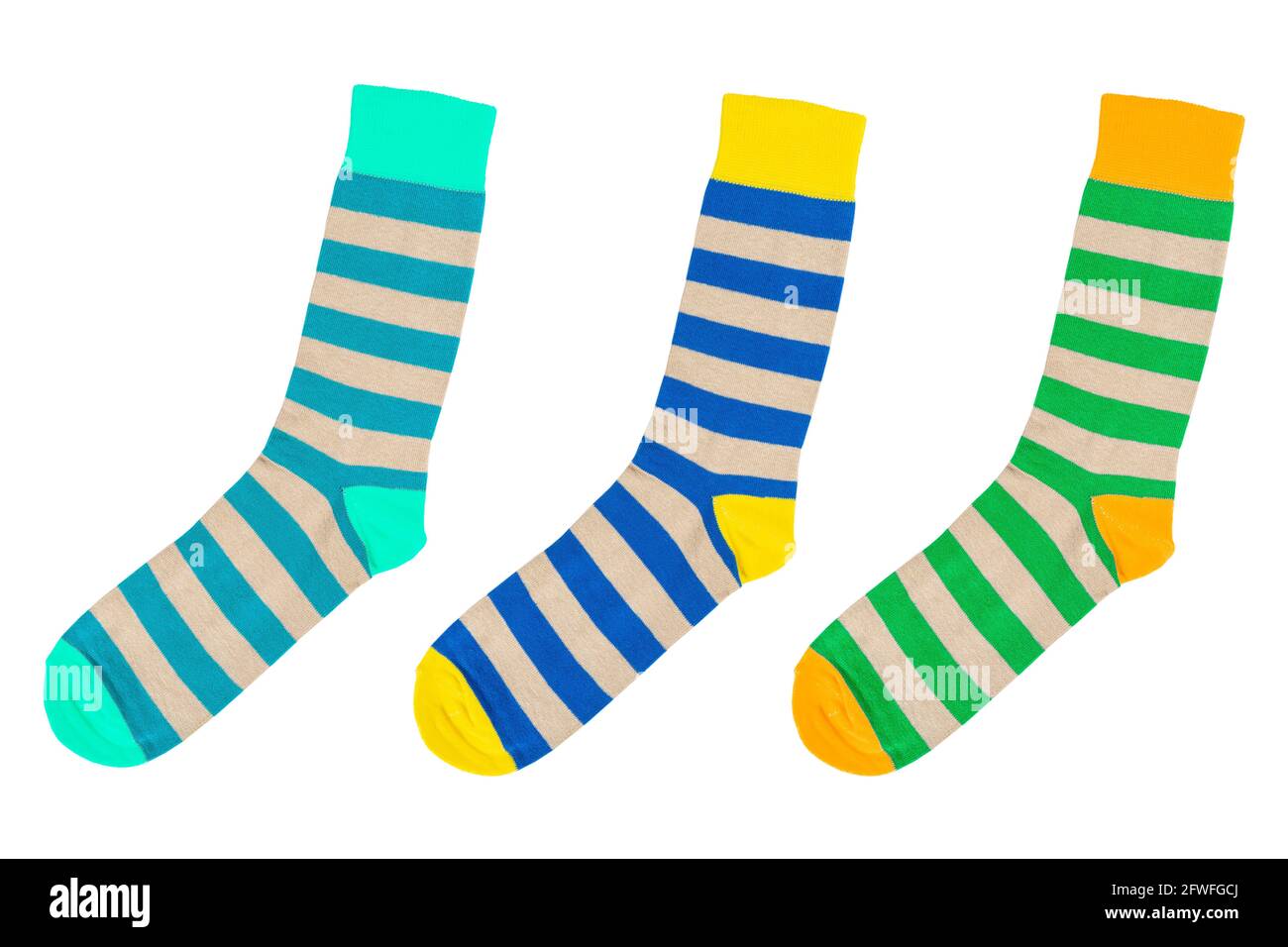 Three socks with different lines isolated on white background. Colorful ...