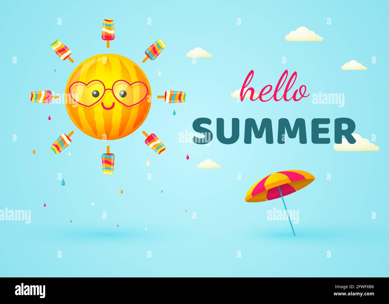 Hello summer. Sun with rays of ice cream, beach umbrella on a blue ...