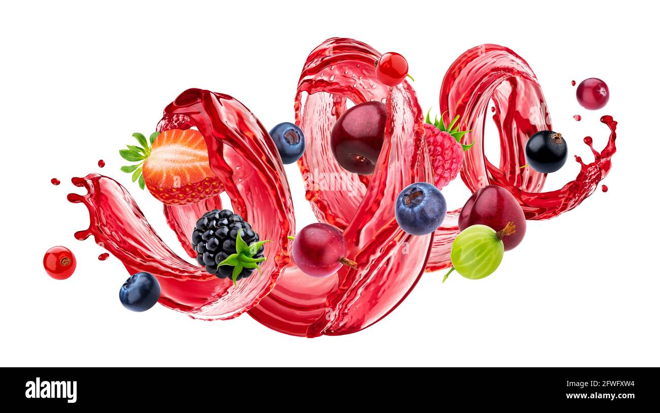 Mix of fresh summer berries with berry juice splash isolated on white ...