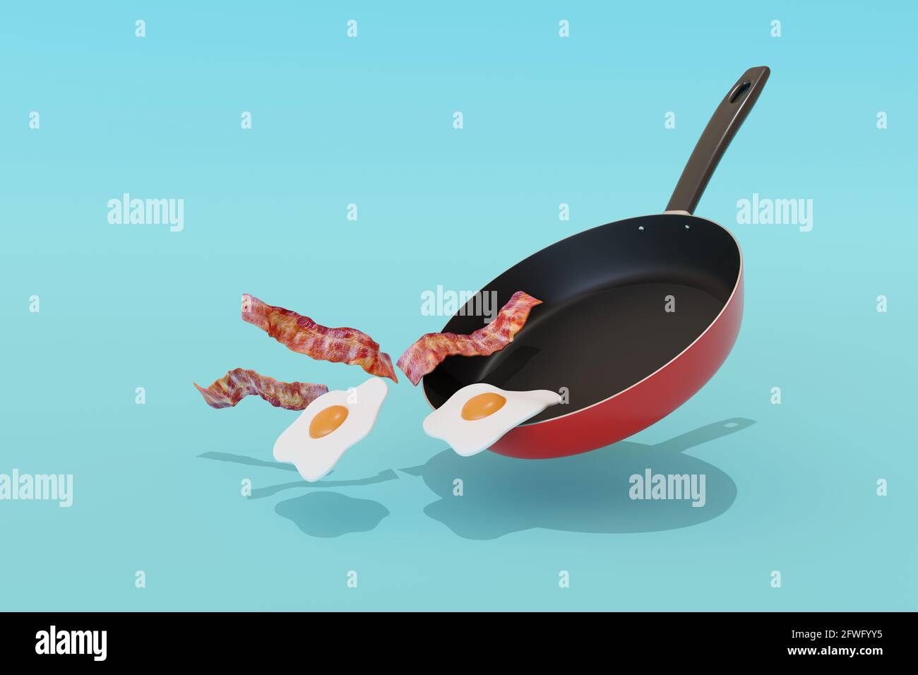 Flying frying pan with eggs and bacon. 3d illustration Stock Photo - Alamy