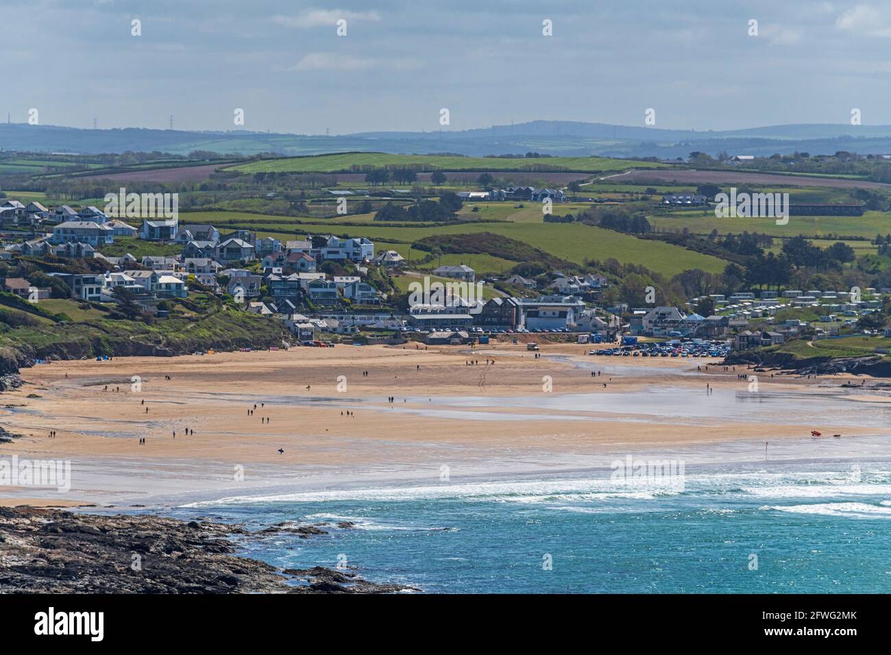 Aerial view of Polzeath and the beach, North Cornwall, UK Stock Photo ...