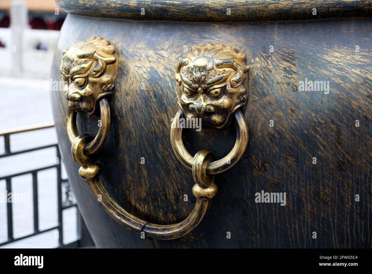 Close up of the ornate Handles on a Bronze Cauldron (Fire Bucket ...