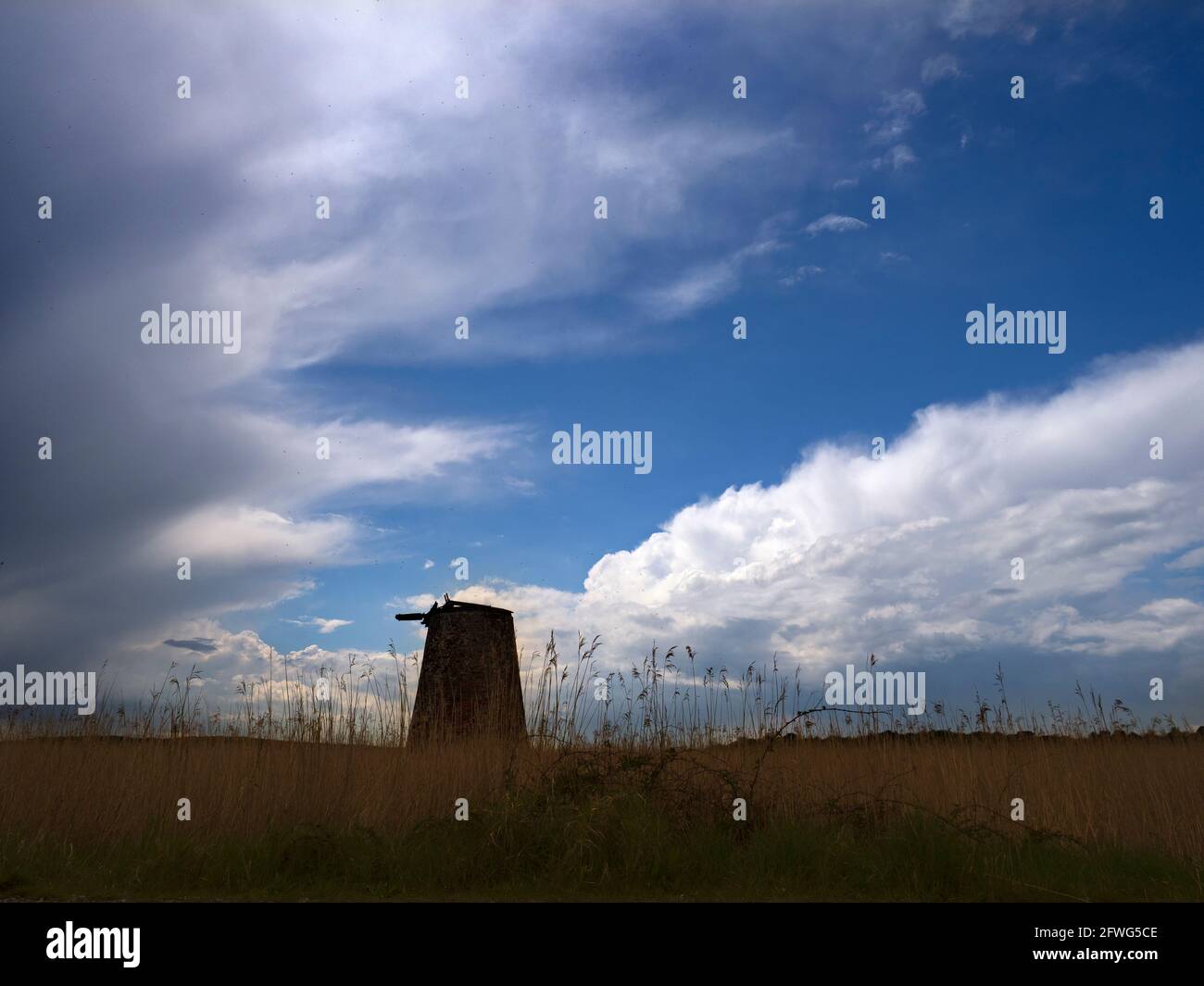 Old windmill on Dingle marshes on the coast near Dunwich Suffolk late ...