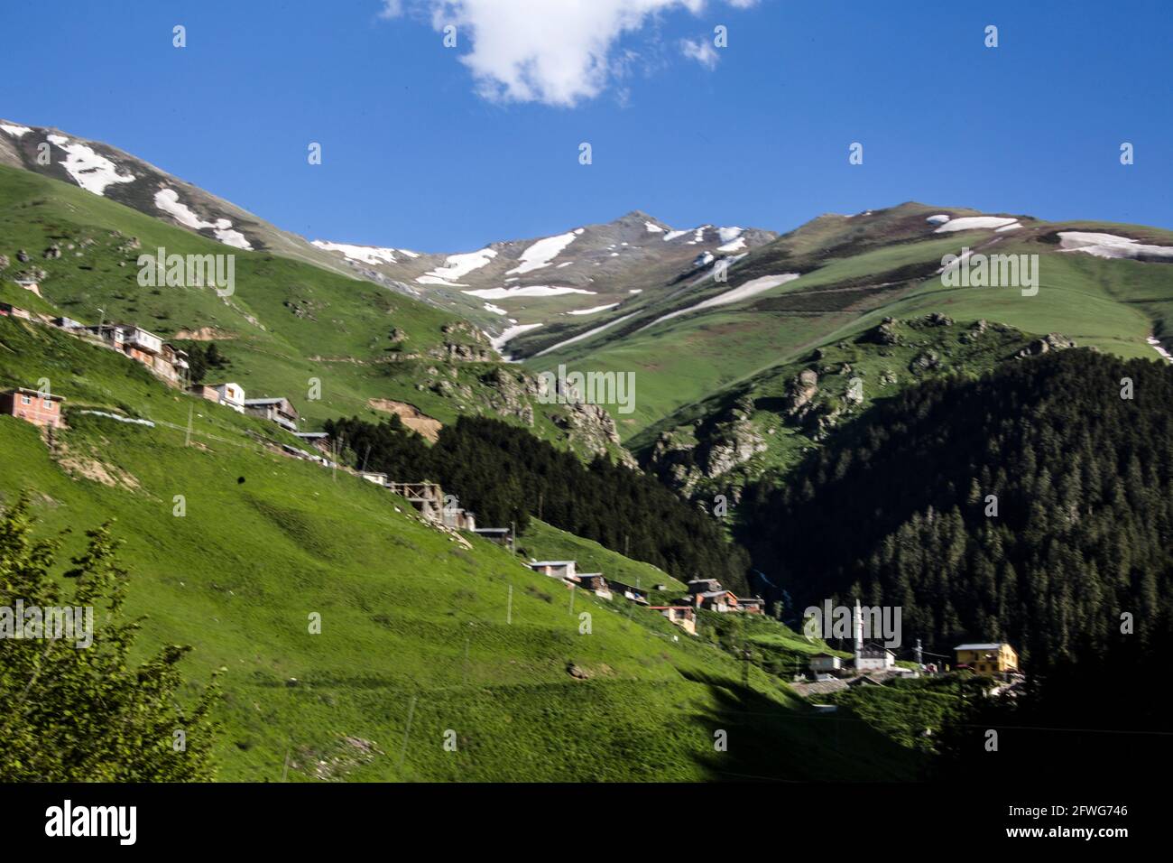 An image of houses positioned on mountains where nature gushes from the ...