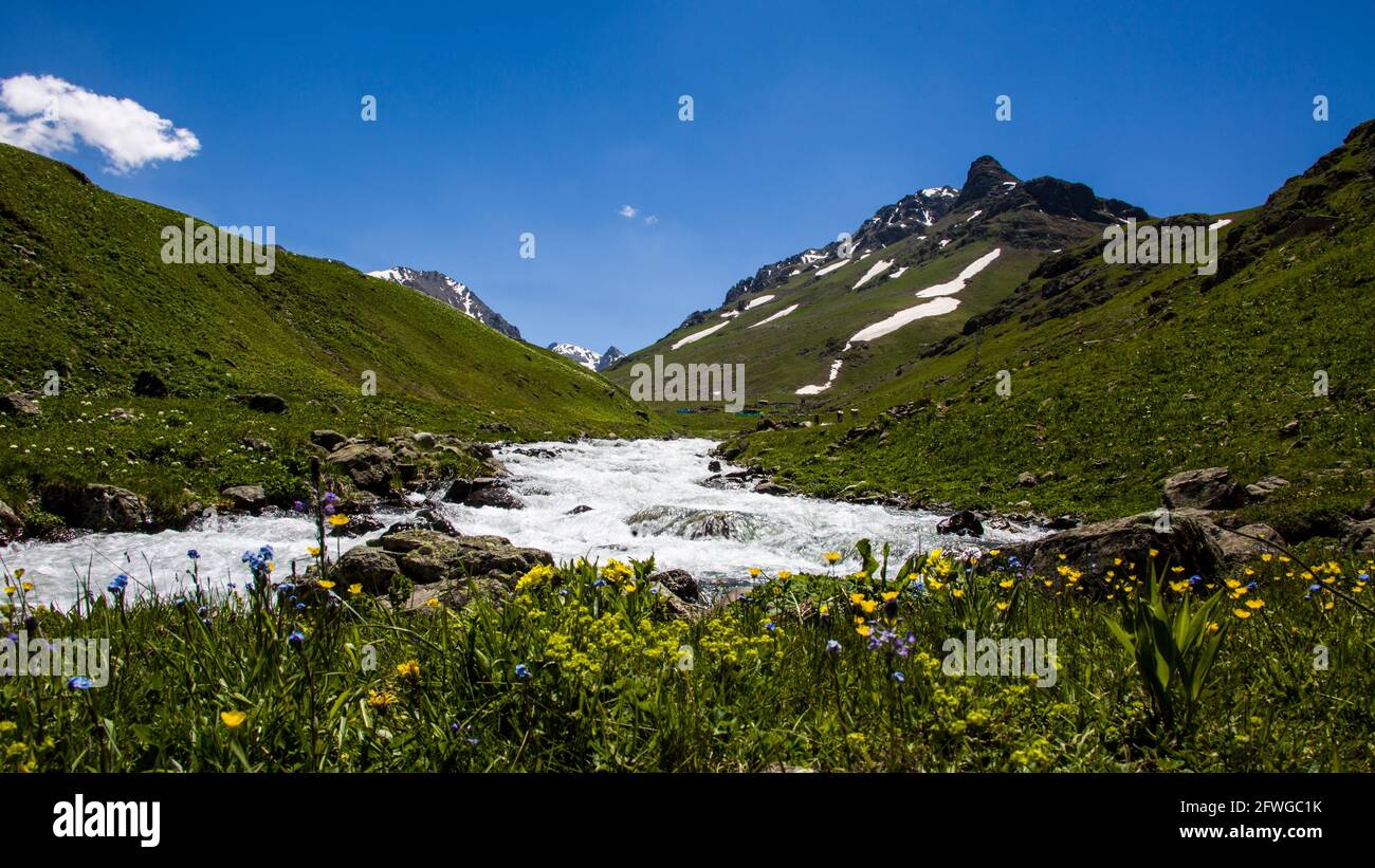 Spectacular views of the snowy mountains and valley, showing the ...