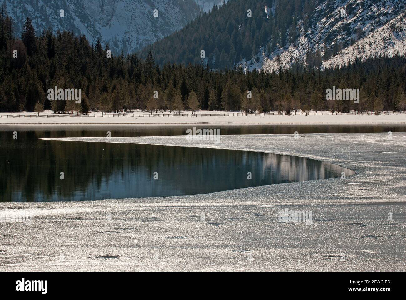 Dobbiaco lake in winter, Pusteria Valley, Trentino-Alto Adige, Italy ...