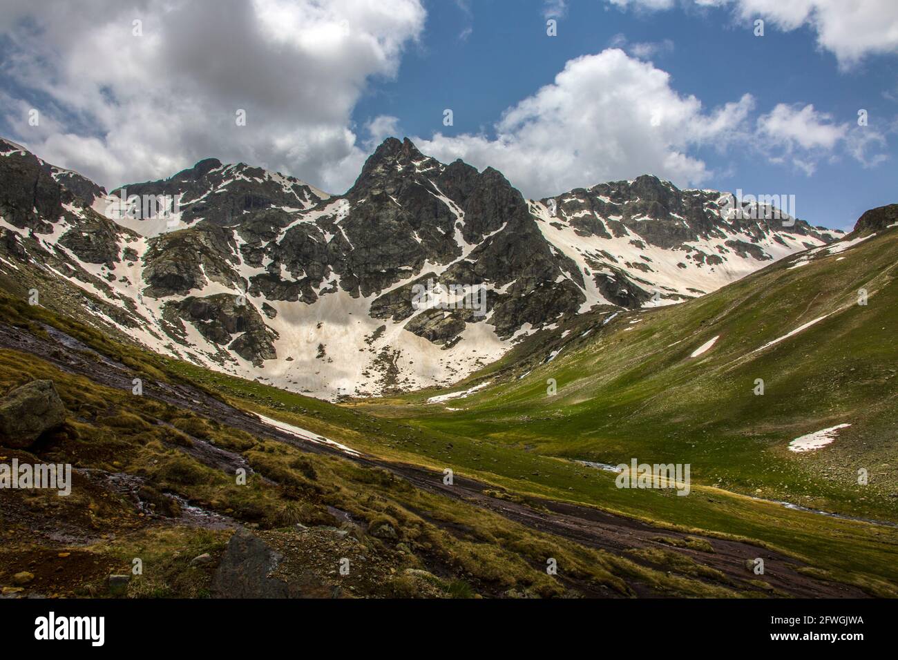 Spectacular views of the snowy mountains and valley, showing the ...