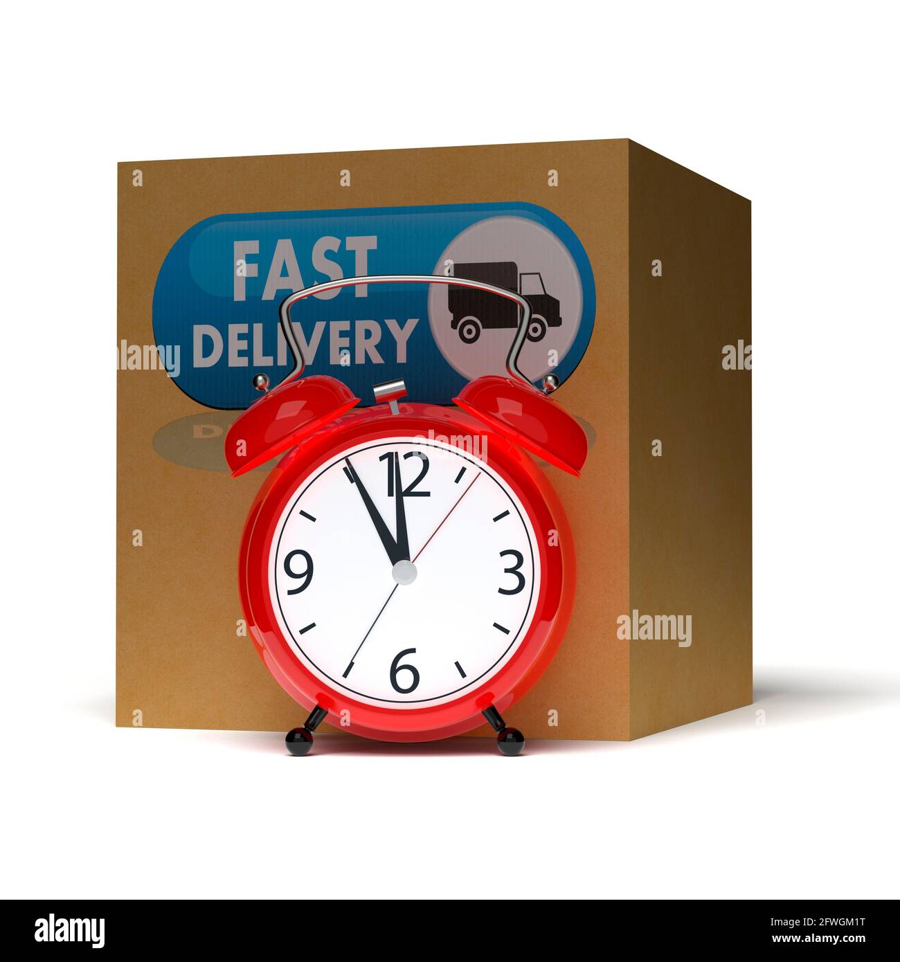 Alarm clock and big cardboard box on white background. 3D rendering ...
