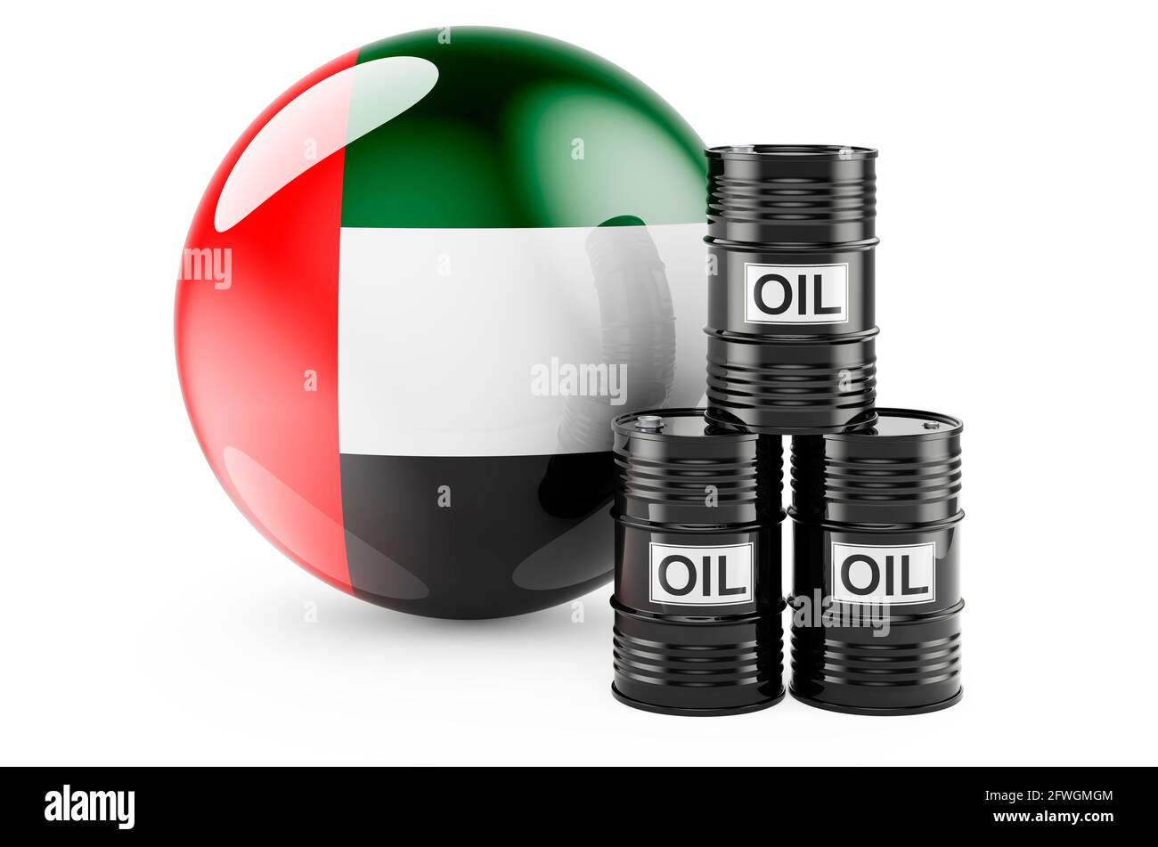 Oil barrels with the United Arab Emirates flag. Oil production or trade ...