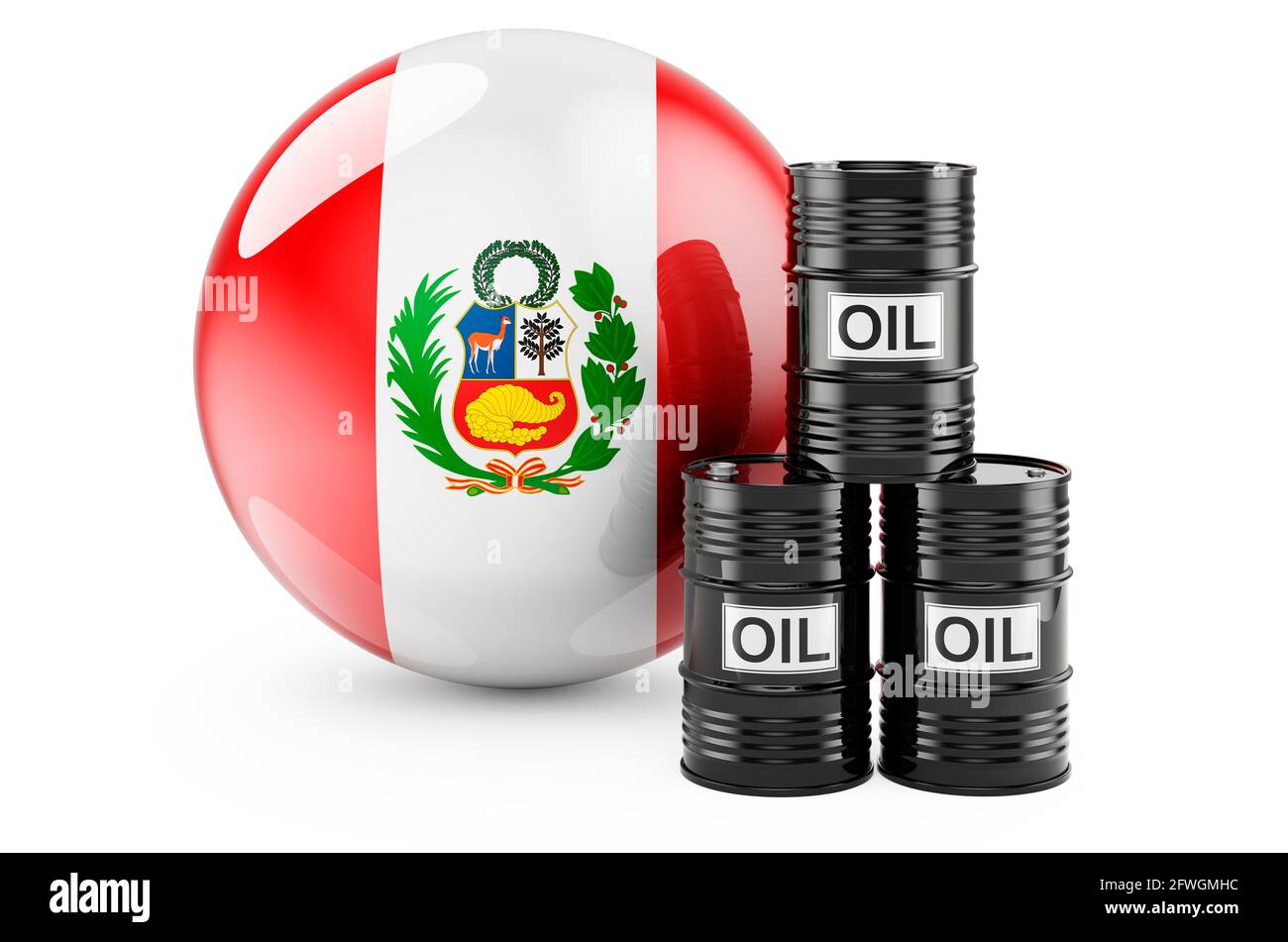 Oil barrels with Peruvian flag. Oil production or trade in Peru concept ...