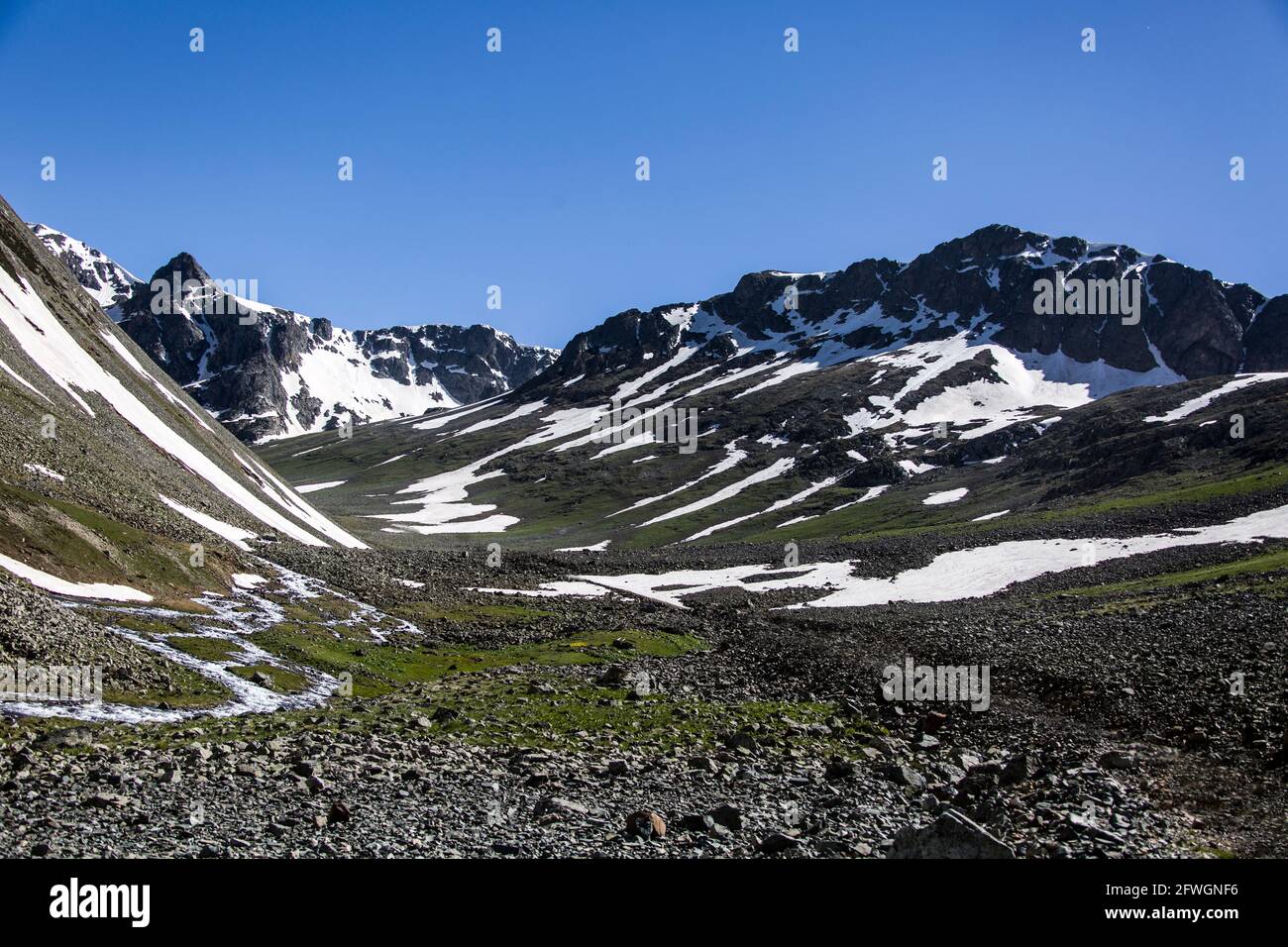 Spectacular views of the snowy mountains and valley, showing the ...