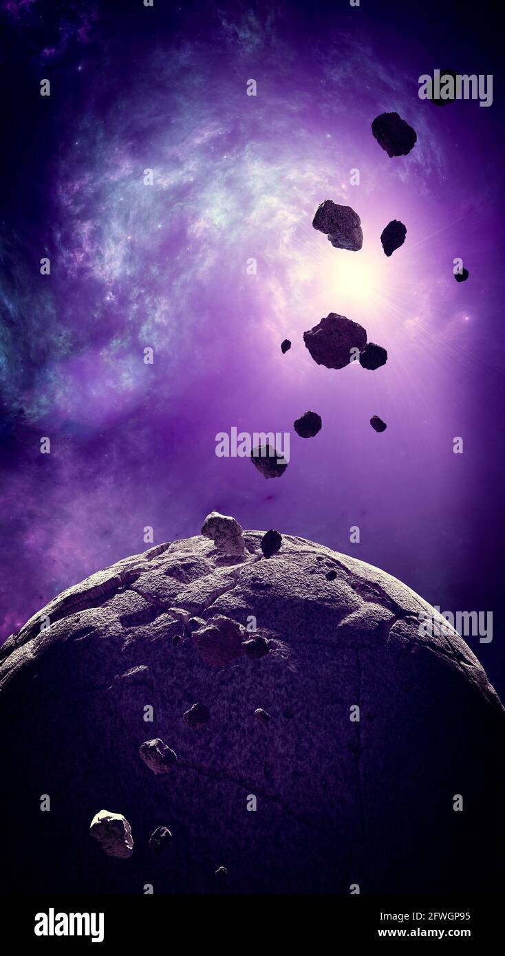 Asteroid and debris in the space. Asteroid rings around a planet. Big ...