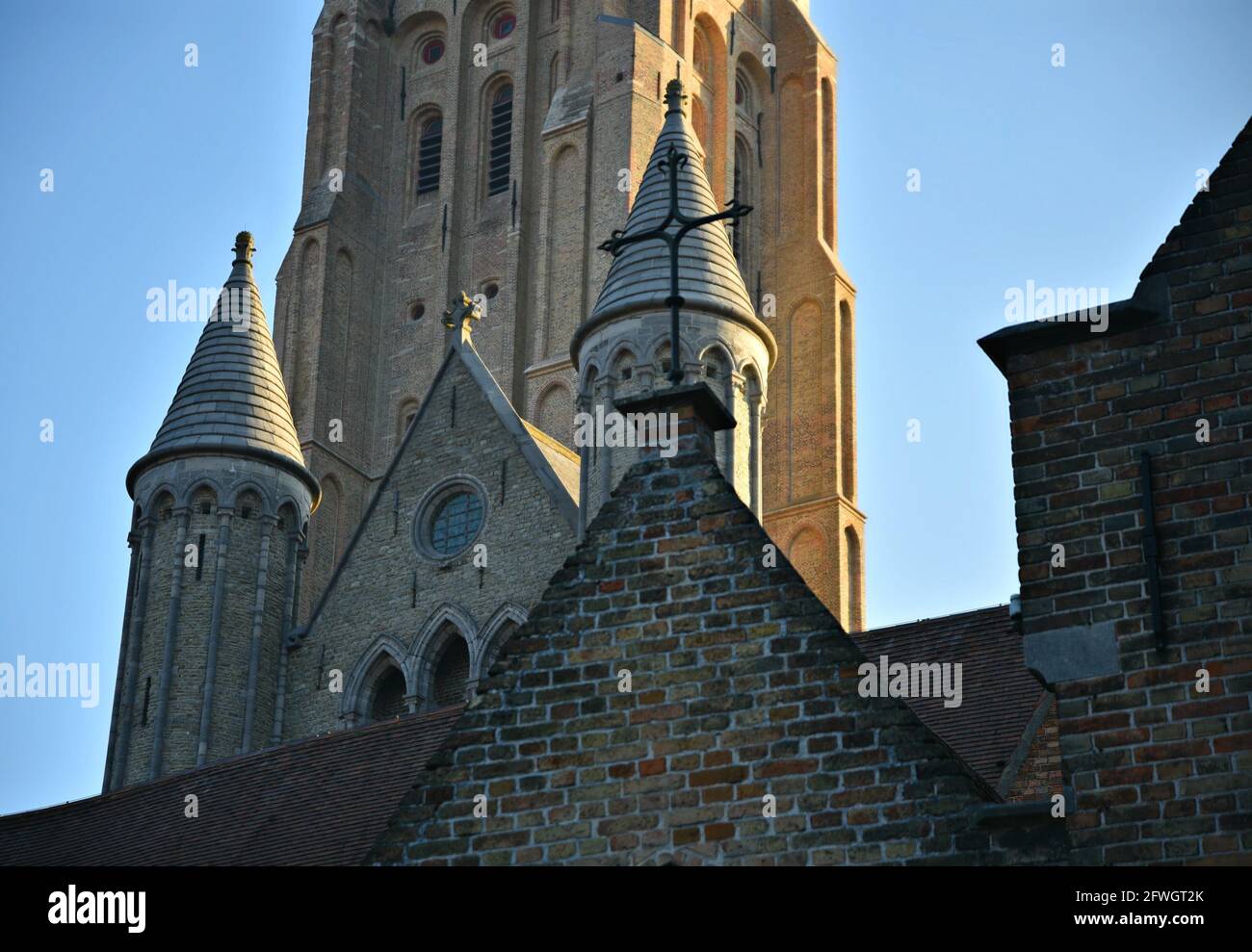 Scenic facade and Belfry view of the 13th century Gothic style Basilica ...