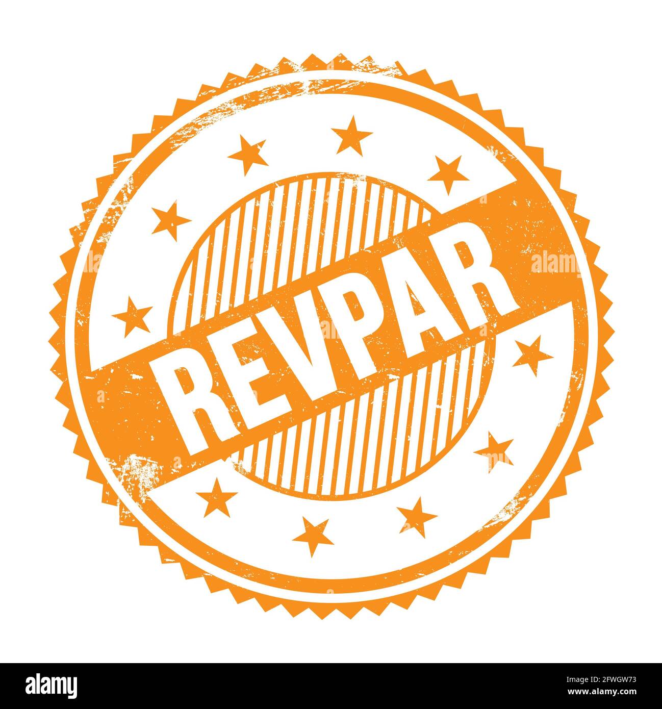REVPAR text written on orange grungy zig zag borders round stamp Stock ...