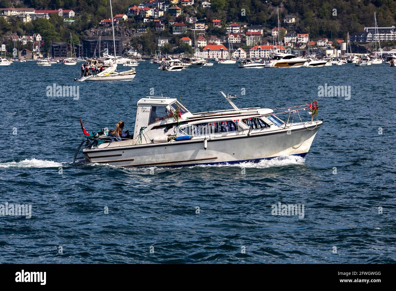 Pleasure craft Sara Helen at Byfjorden, arriving in port of Bergen ...