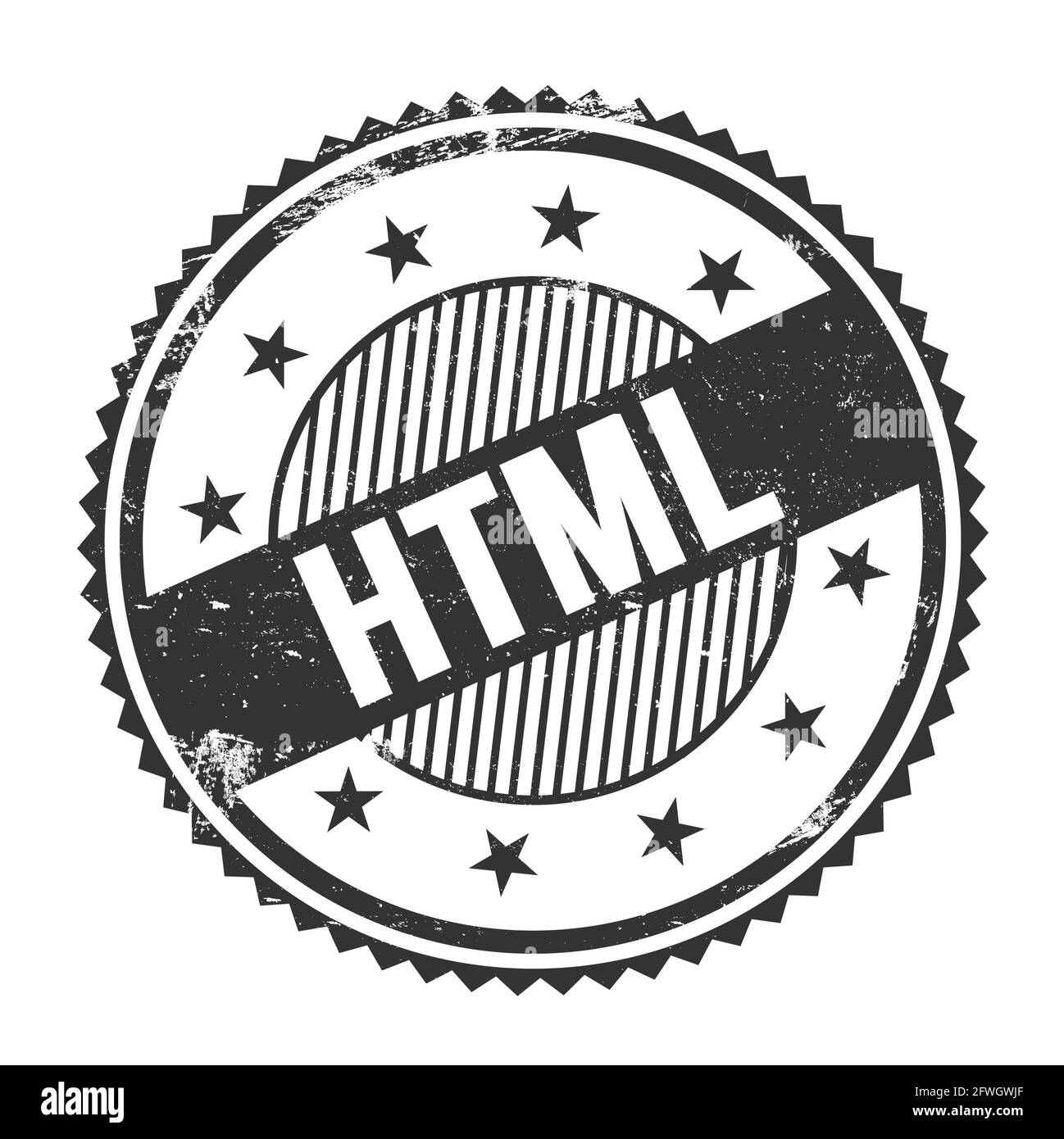 HTML text written on black grungy zig zag borders round stamp Stock ...