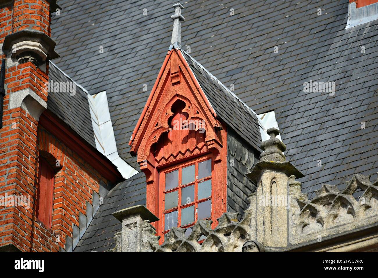 Scenic exterior view of a historic Gothic style building with a brick ...