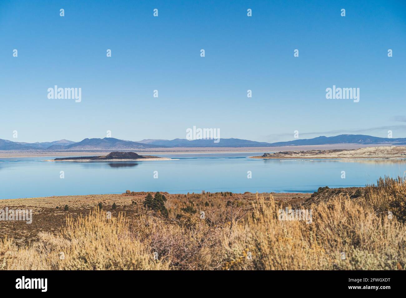 Mono lake, California in Autumn on sunny day with clear blue sky and ...