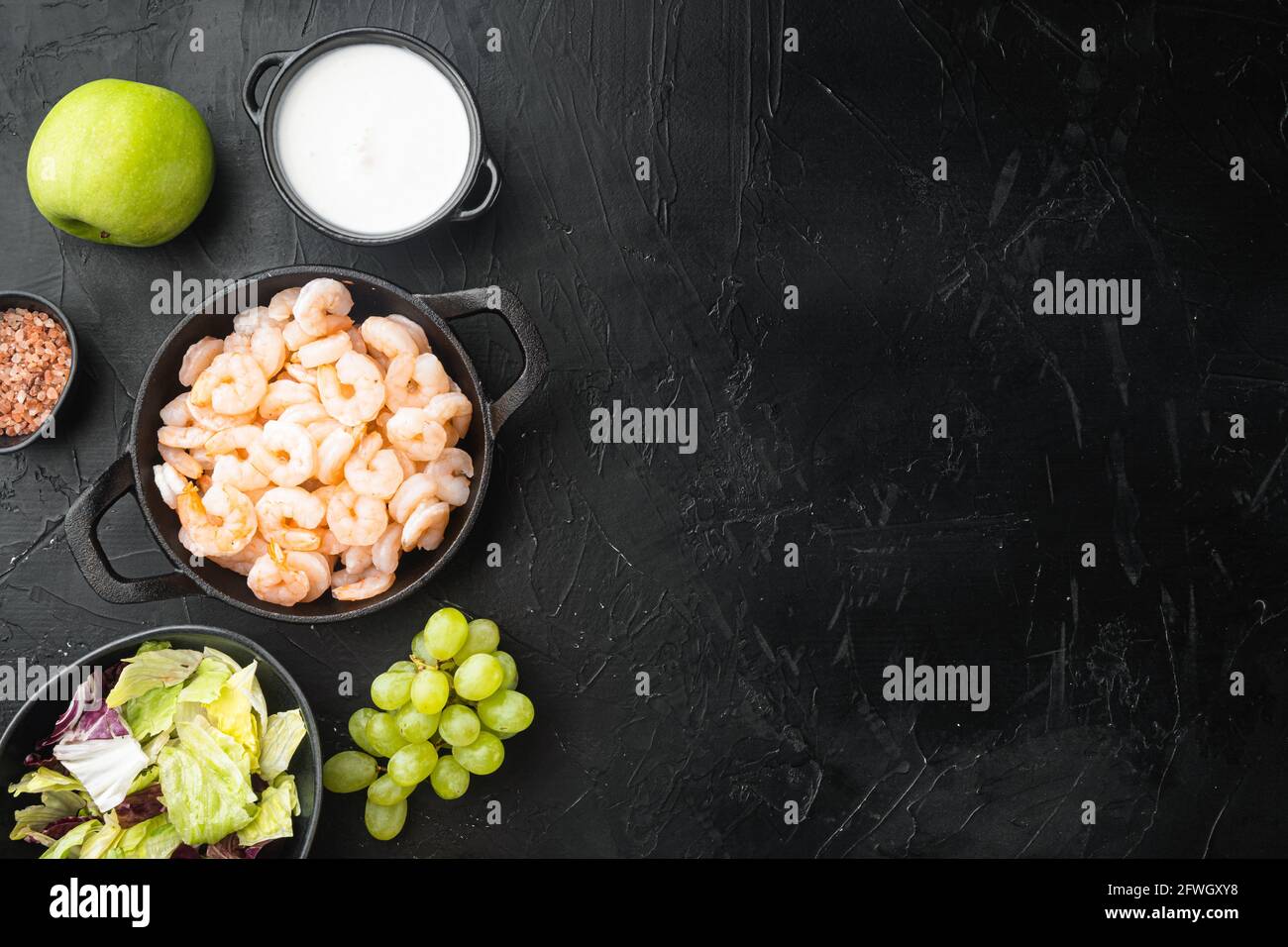 Waldorf prawn salad ingredients set, with sauce apple and grape, on ...