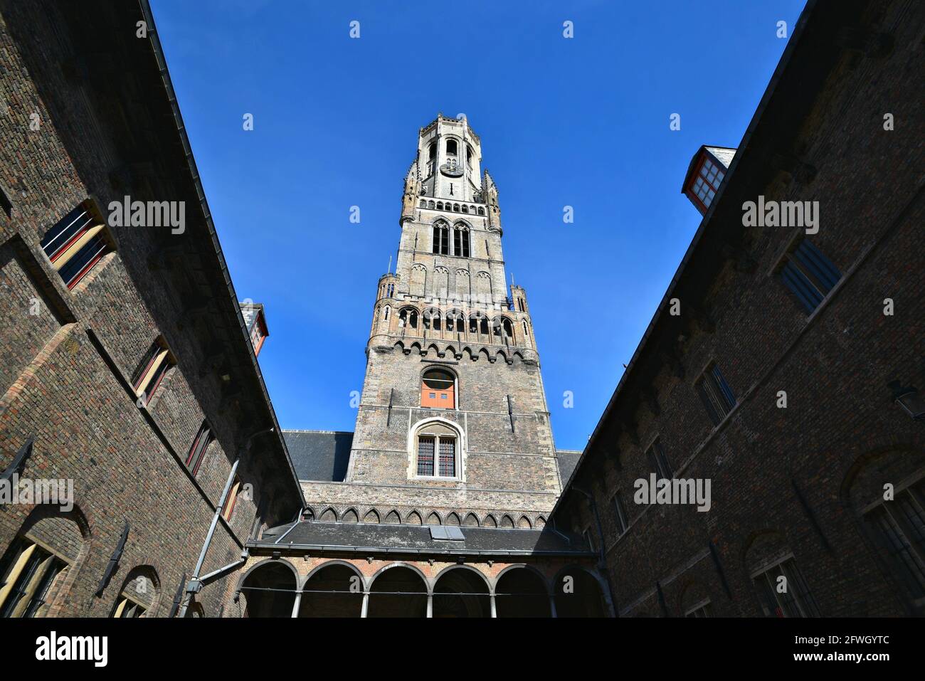 Scenic exterior view of Belfort van Brugge the medieval bell tower and ...