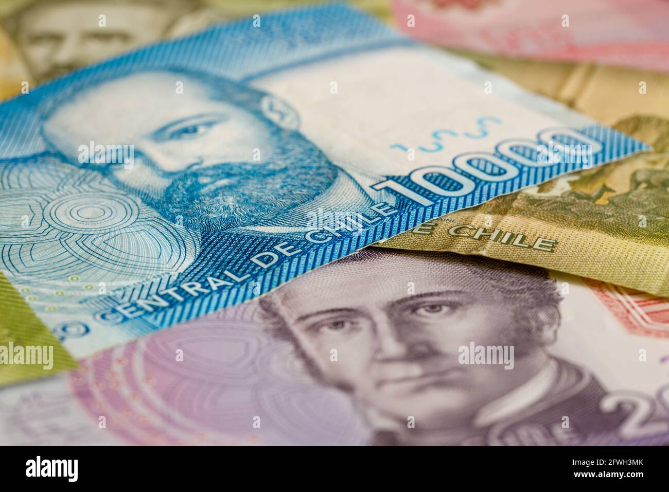 Currency of Chile. Various paper banknotes. Business and financial ...