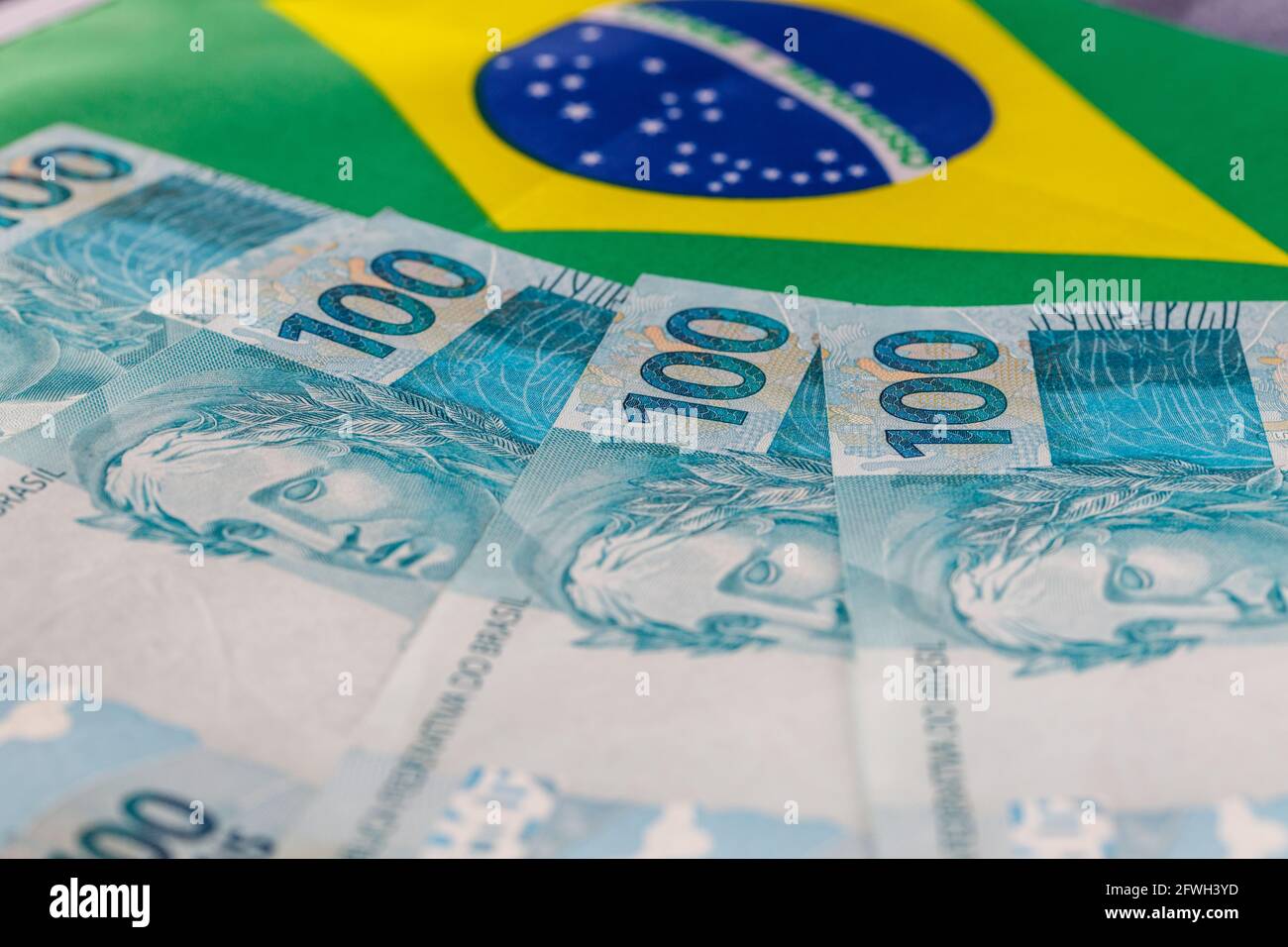 Brazilian money, one hundred reais banknotes on the background of the ...