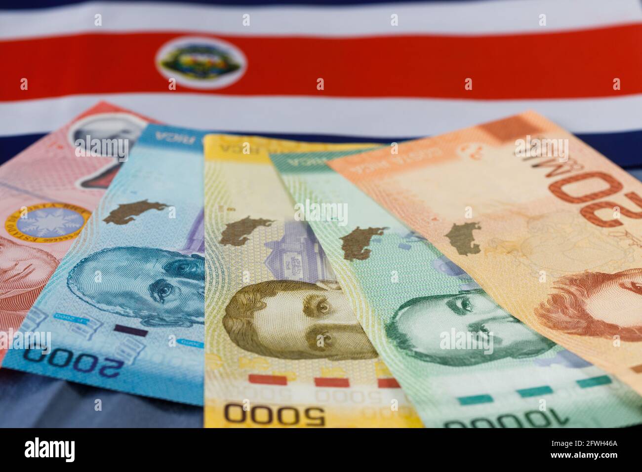 Costa Rican money, all kinds of banknotes on the background of the ...