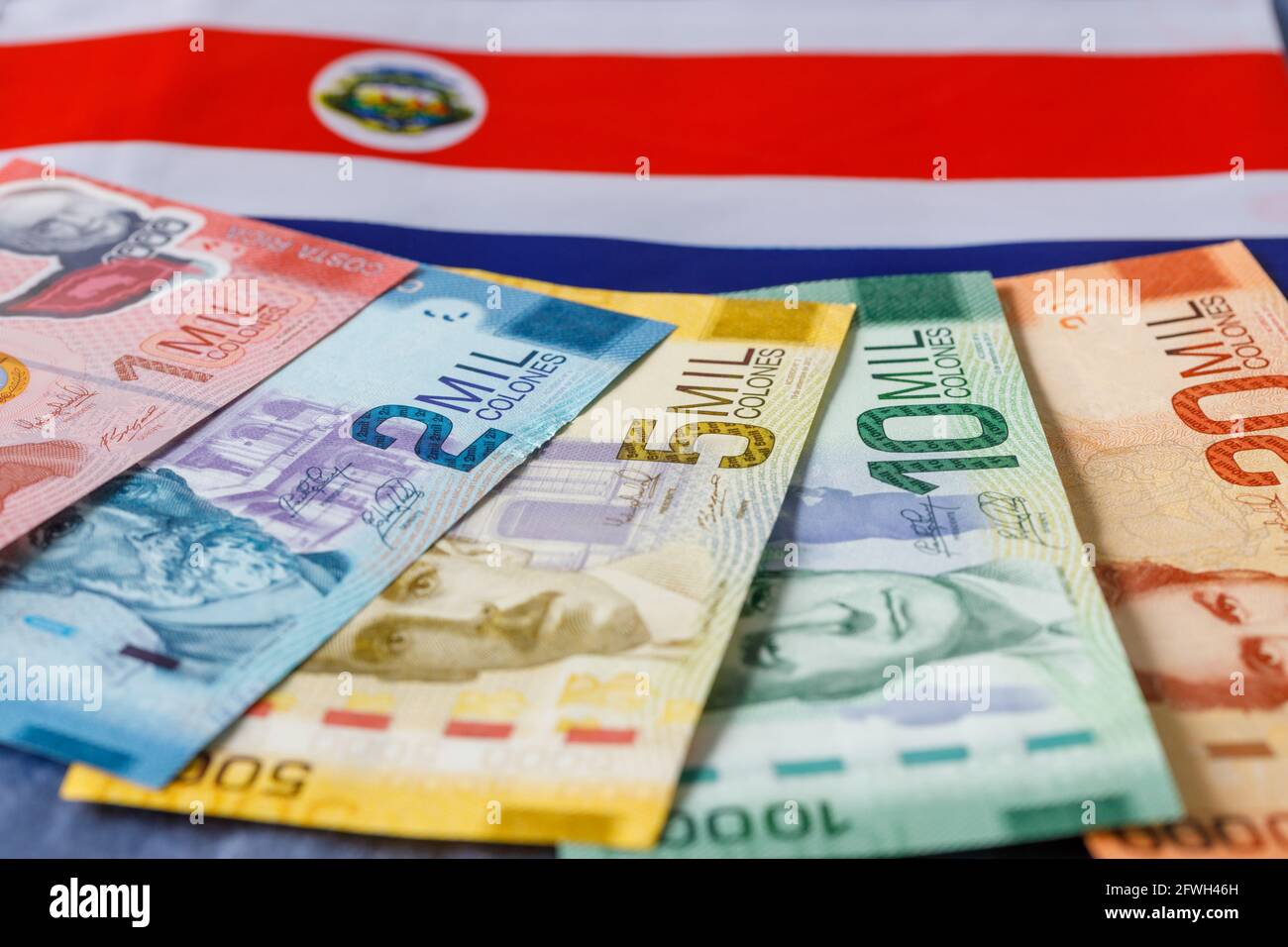 Costa Rican money, all kinds of banknotes on the background of the ...