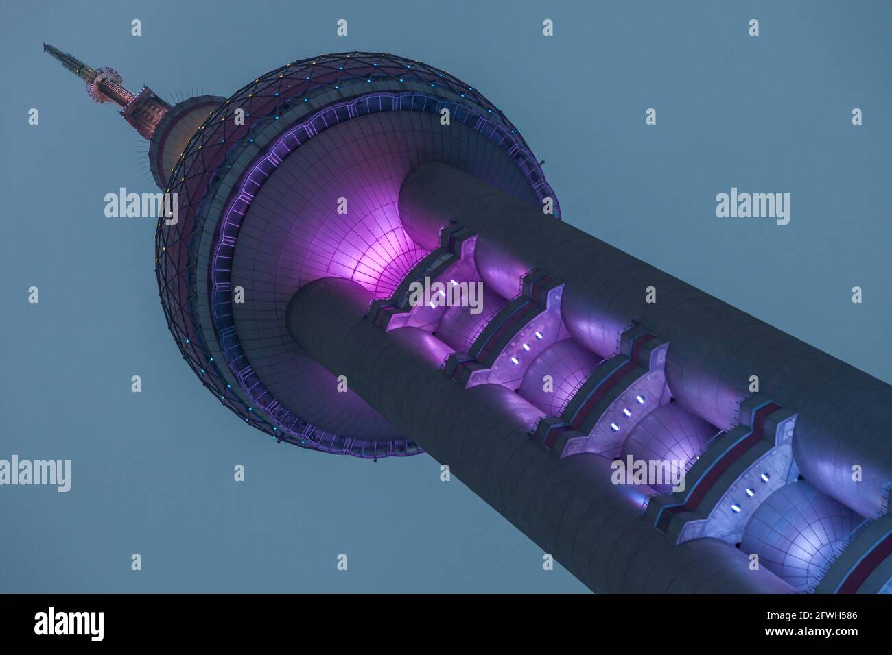 Detail of the Oriental Pearl TV Tower, illuminated in purple lighting ...