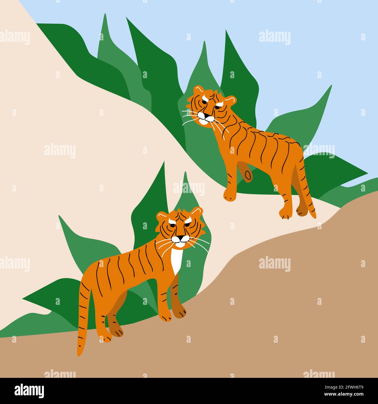 Two hand drawn wild tigers on abstract background with green leaves ...