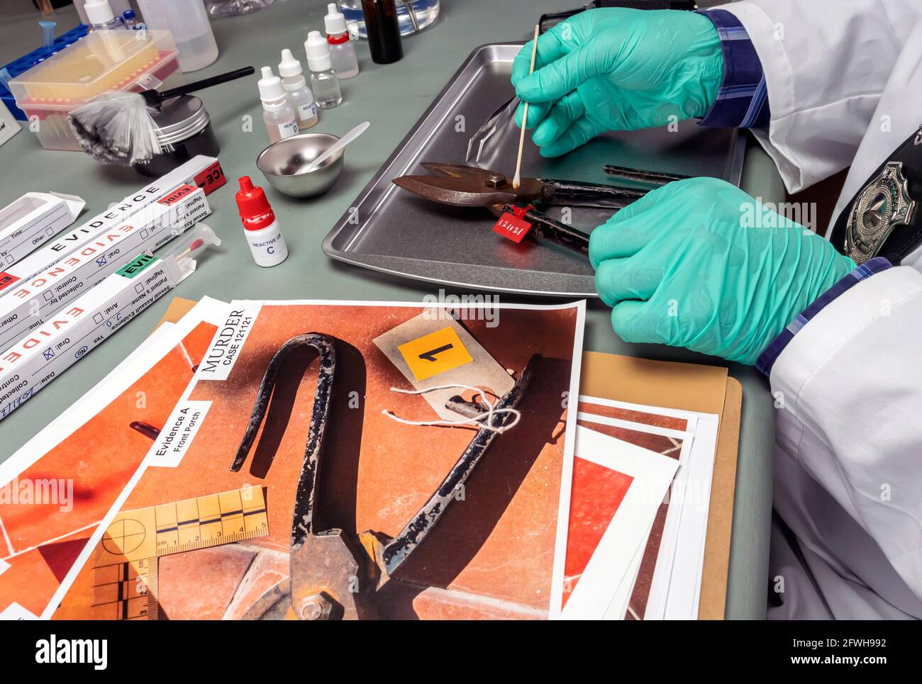 Police scientist extracts DNA sample from a pair of pliers in a crime ...