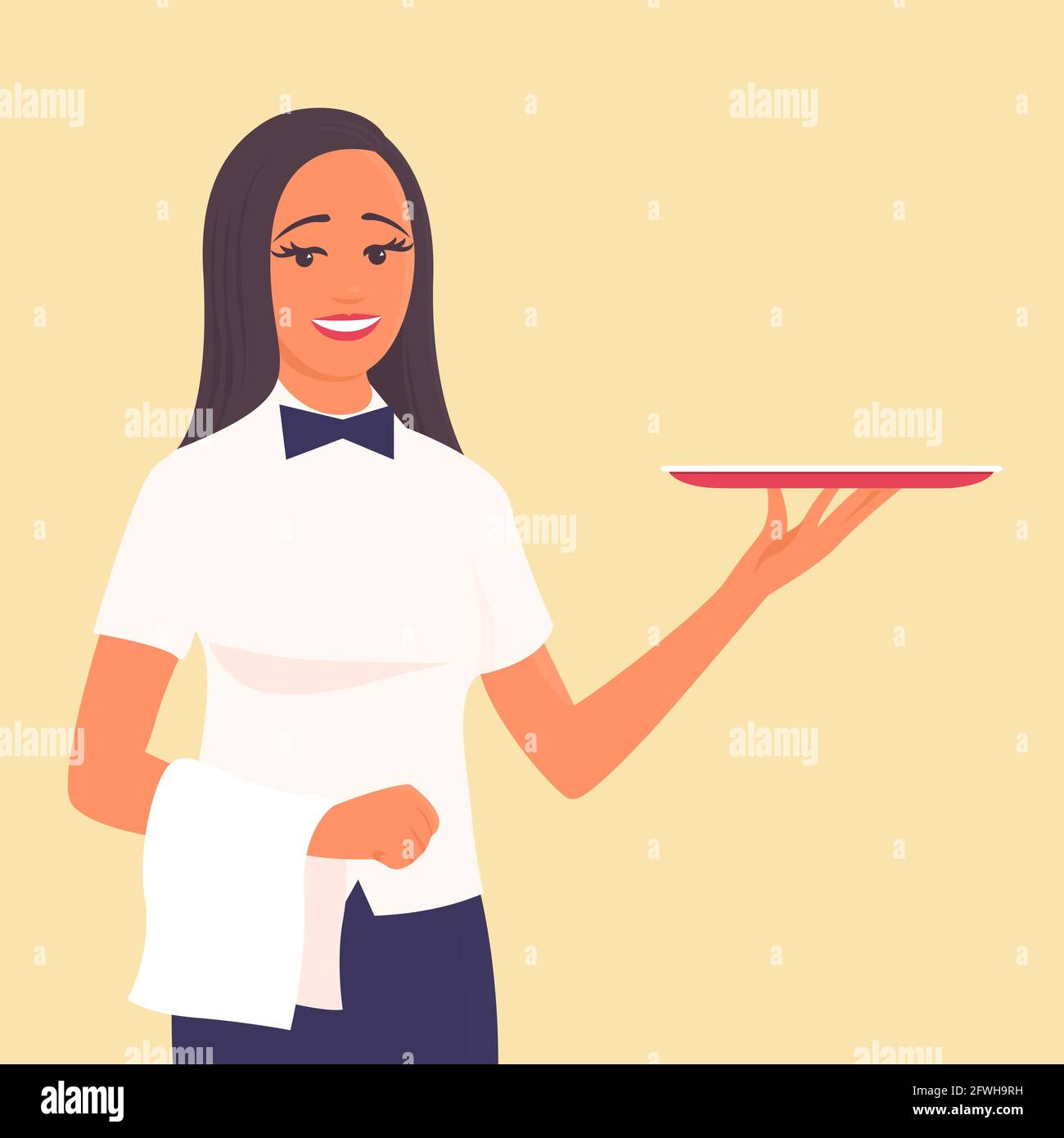 A beautiful girl waiter stands with a tray in his hand. There is a ...